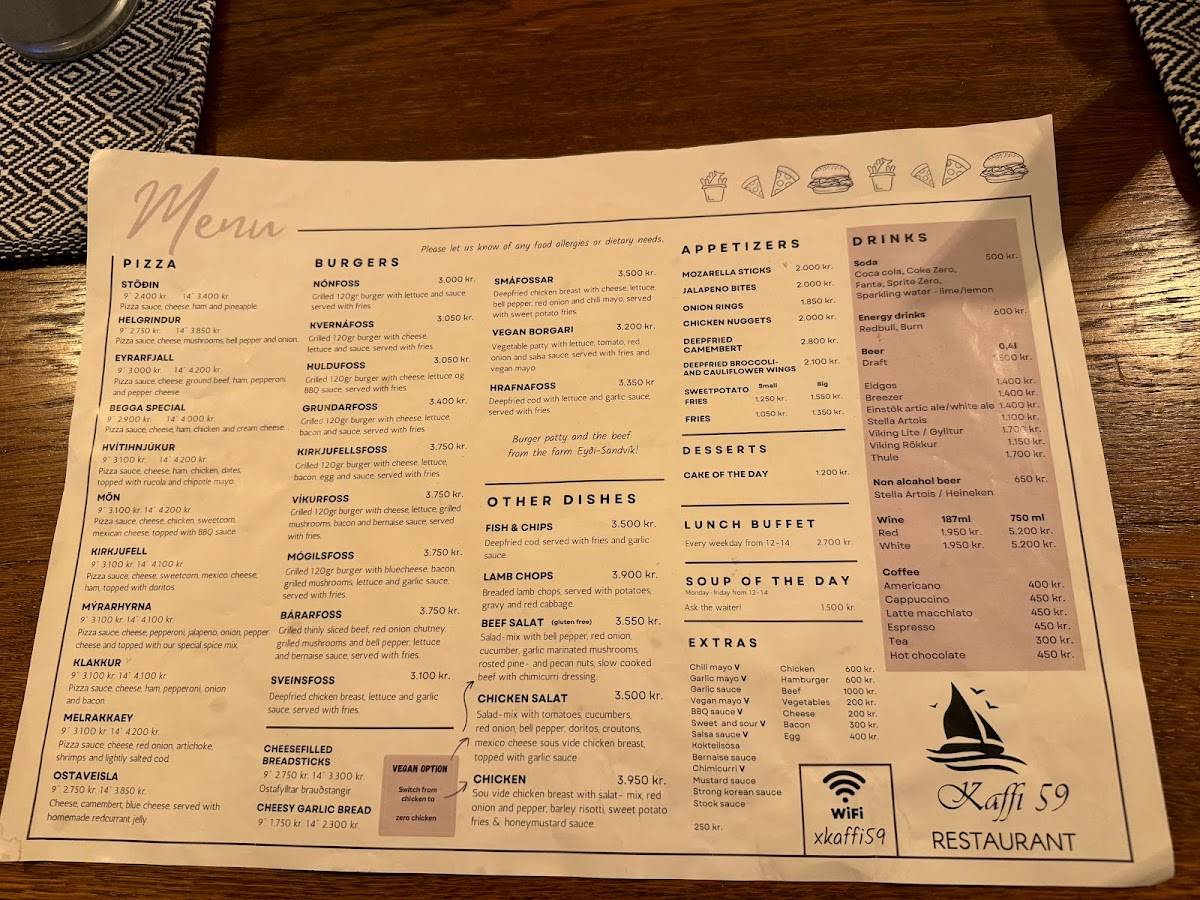 Menu at Kaffi 59 restaurant, Grundarfjörður, Grundargata 59