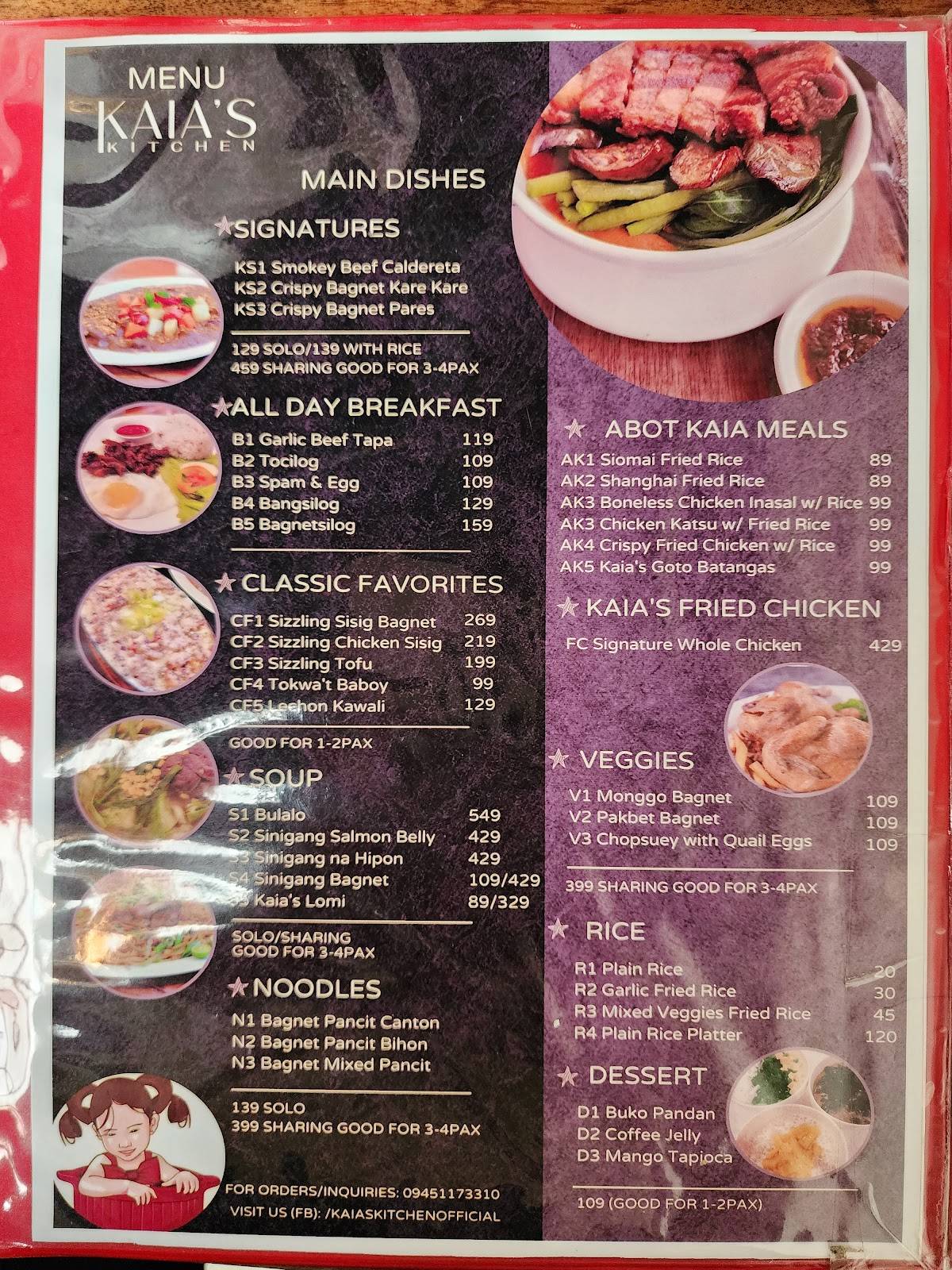 Menu at Kaia's Kitchen restaurant, Tagaytay