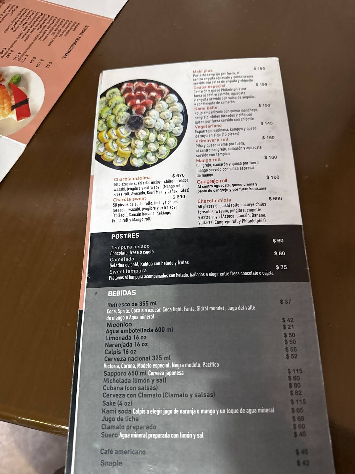 Carta del restaurante Kami Sushi., Ciudad del México