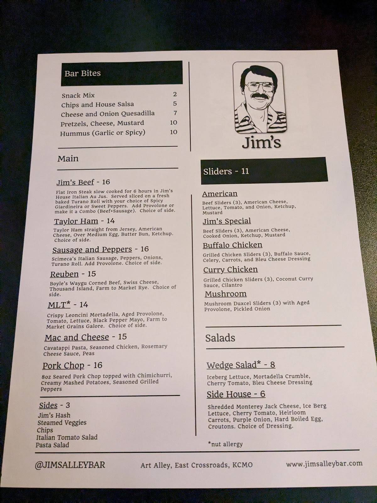 Menu at Jim's pub & bar, Kansas City