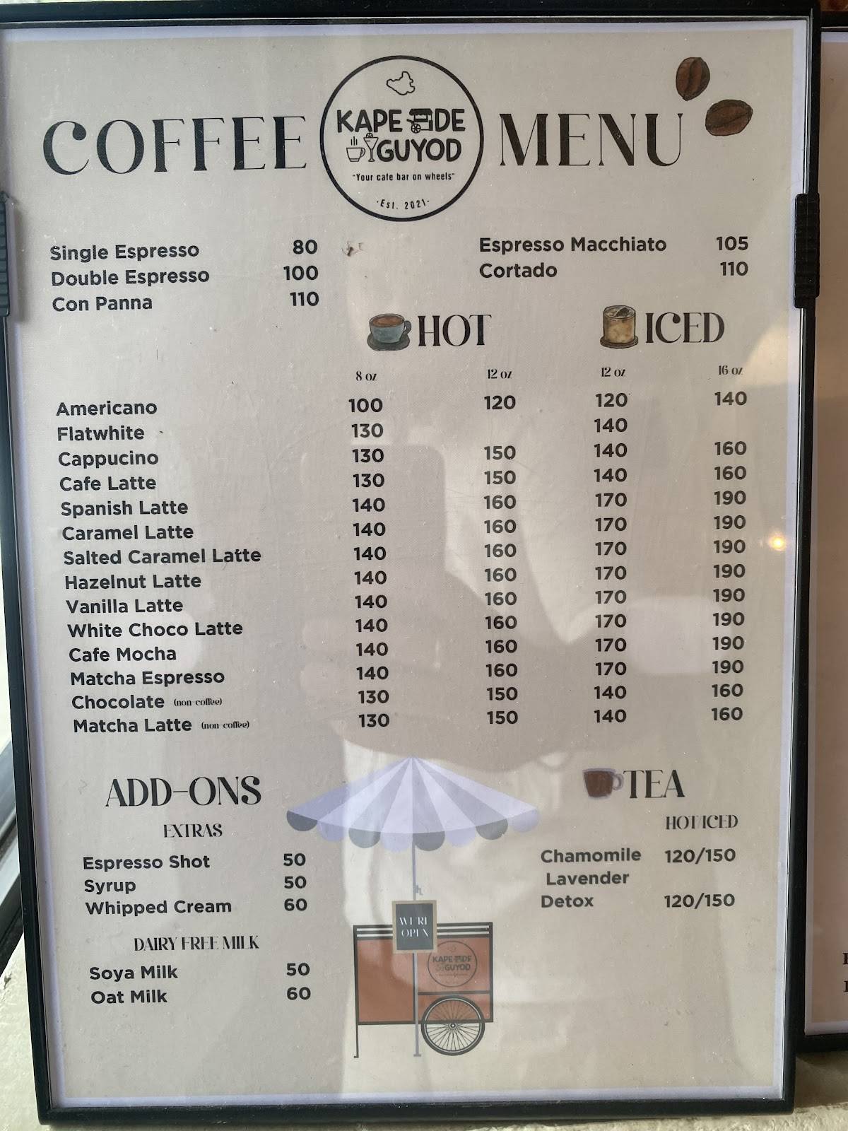 Menu at Kape de Guyod cafe, San Juan, In front of Monkey Business