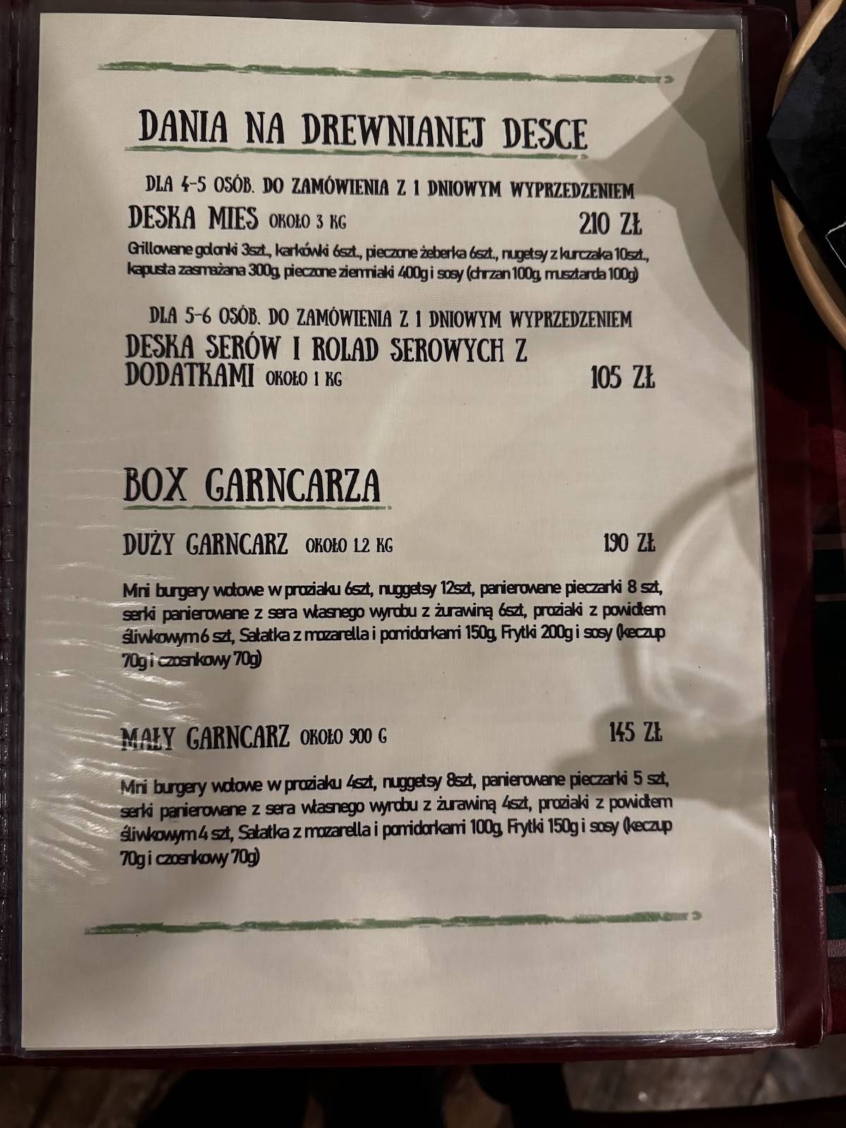 Menu at Karczma u Garncarzy restaurant, Medynia Głogowska