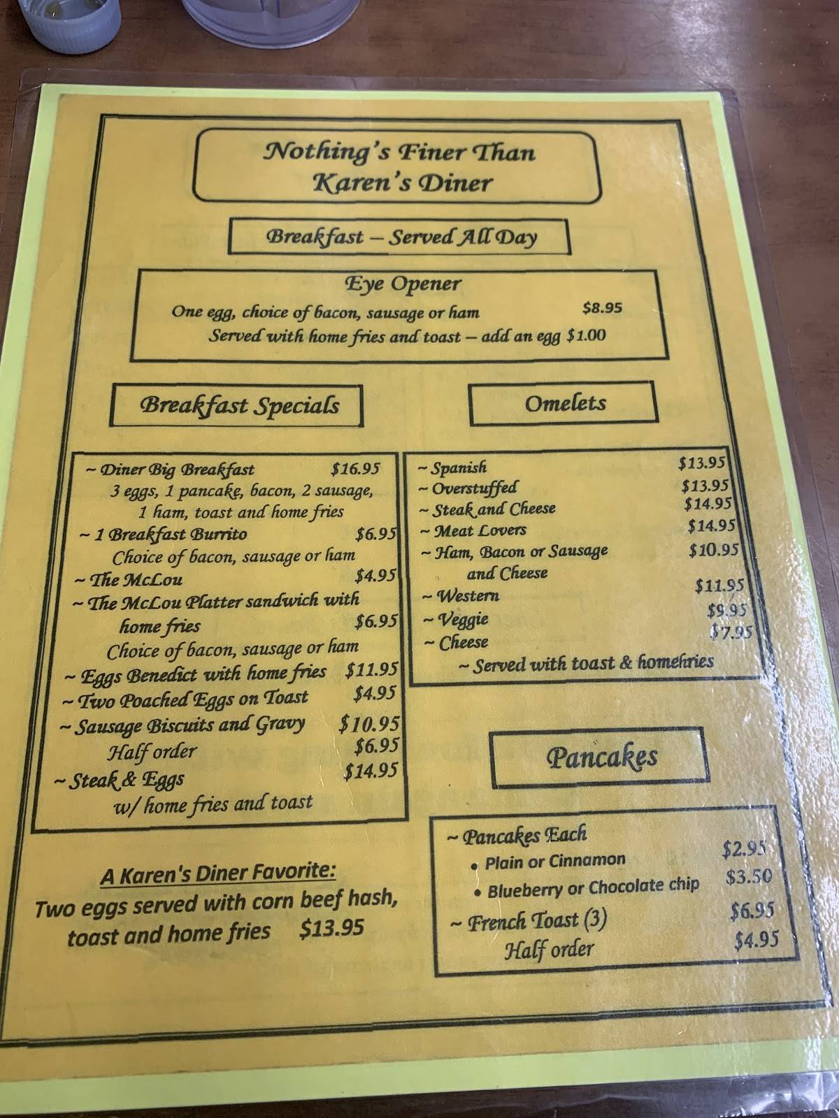Menu at Karen's Main Street Diner restaurant, Calais