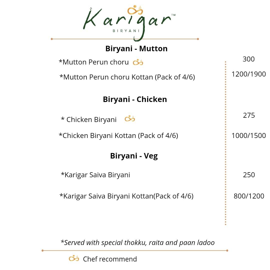 Menu at Karigar Biryani T.Nagar, Chennai