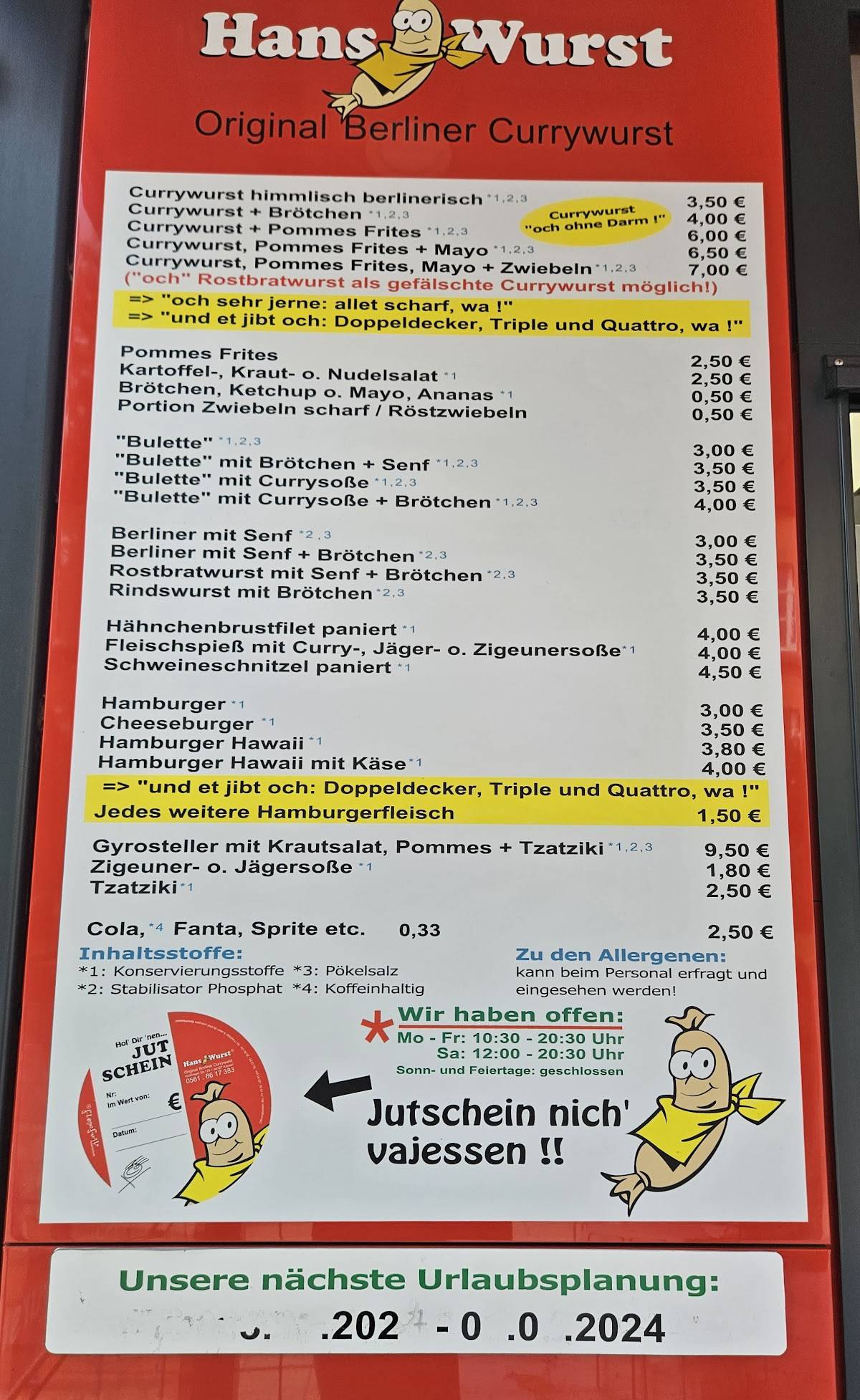 Speisekarte von Hans-Wurst fast Food, Kassel