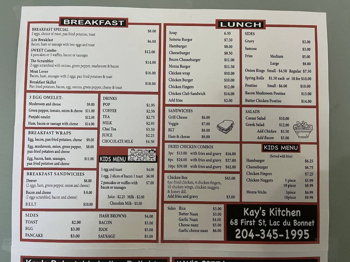 Menu at Kays Kitchen restaurant, Lac du Bonnet