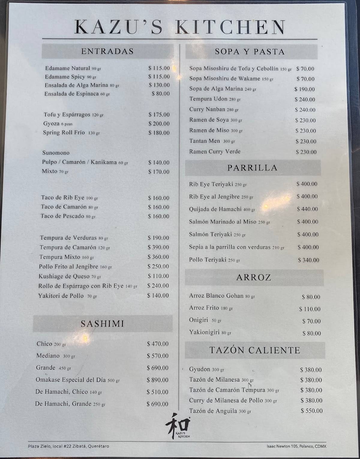 Carta del restaurante Kazu’s kitchen, Santiago del Querétaro