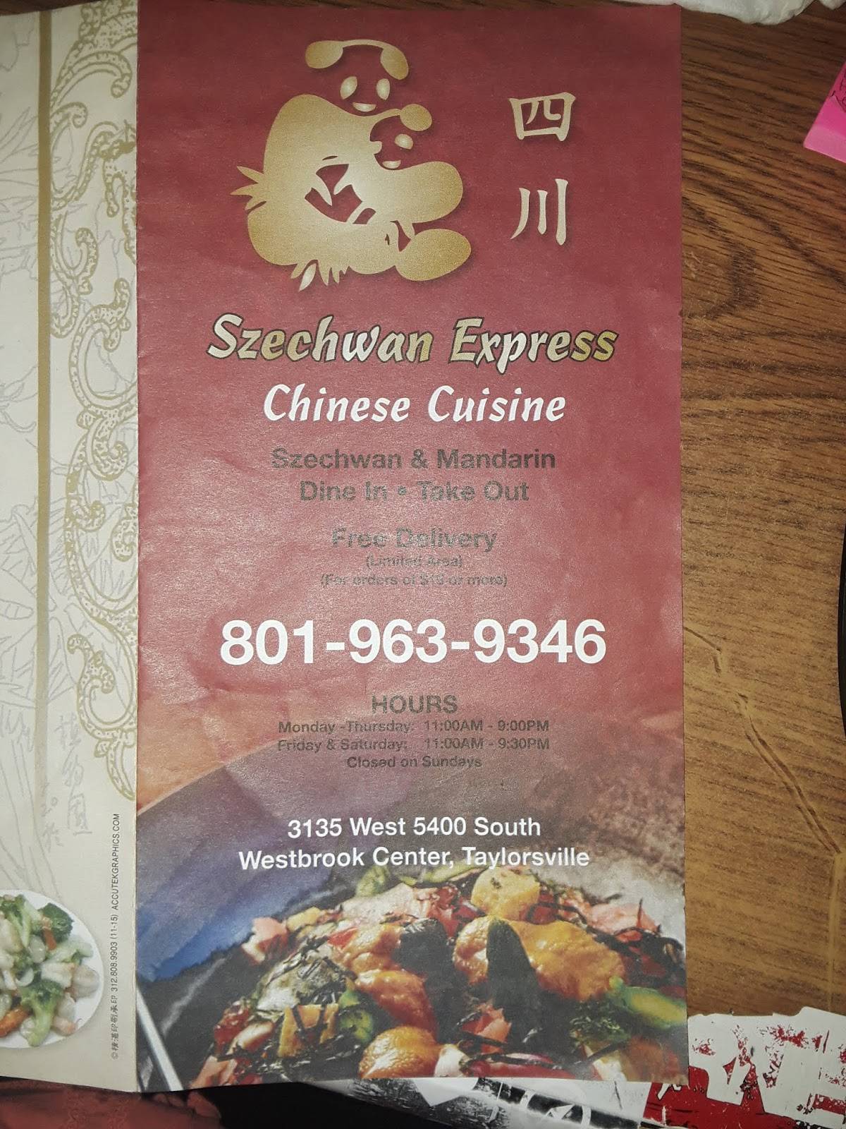 Menu at Szechwan Express restaurant, Salt Lake City