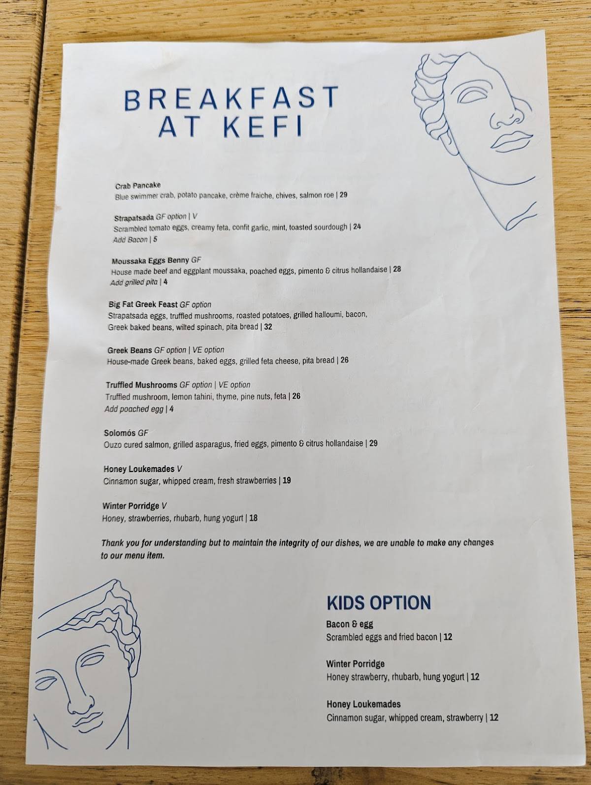 Menu at Kefi restaurant, Koolewong
