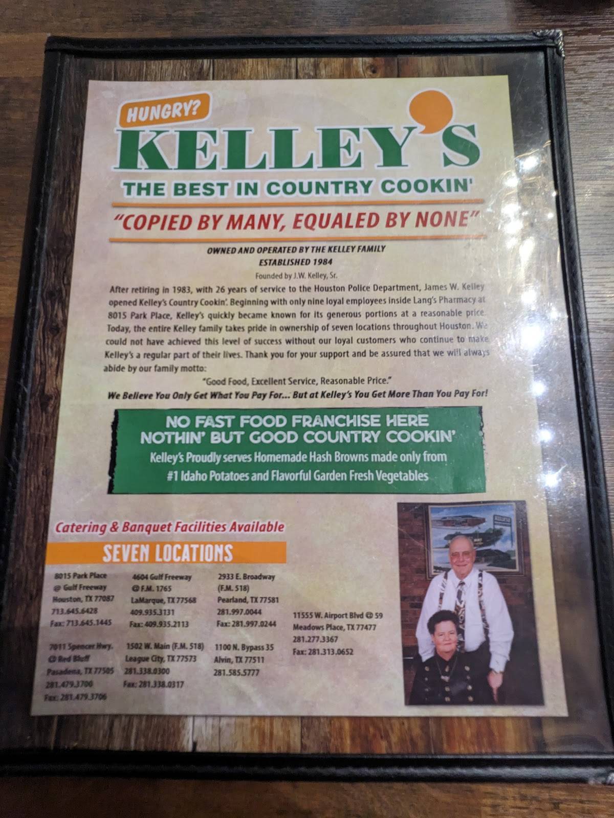 Menu at Kelley's Country Cookin' restaurant, League City, 1502 FM518