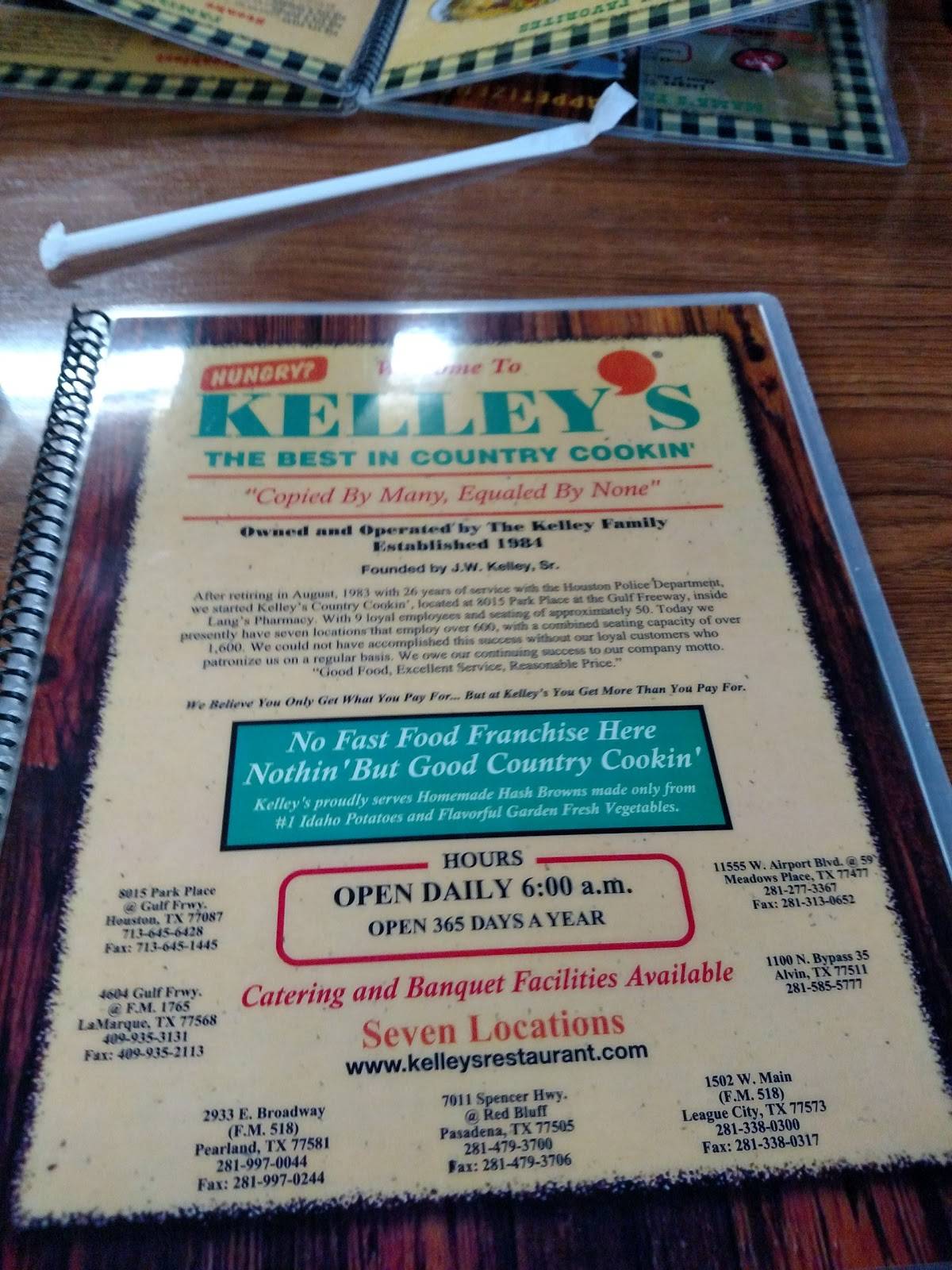 Menu at Kelley's Country Cookin' restaurant, League City, 1502 FM518