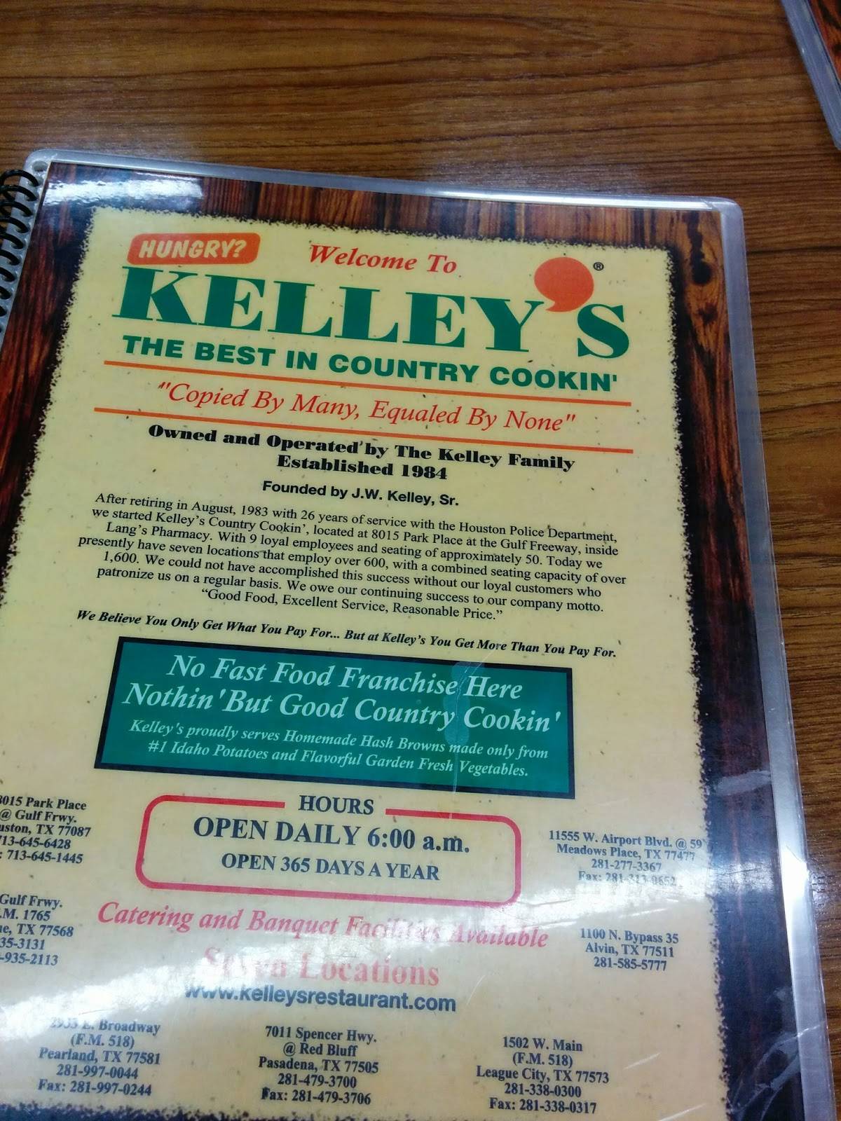 Menu at Kelley's Country Cookin' restaurant, League City, 1502 FM518