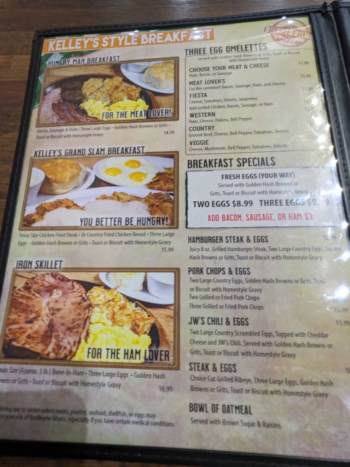 Menu at Kelley's Country Cookin' restaurant, League City, 1502 FM518