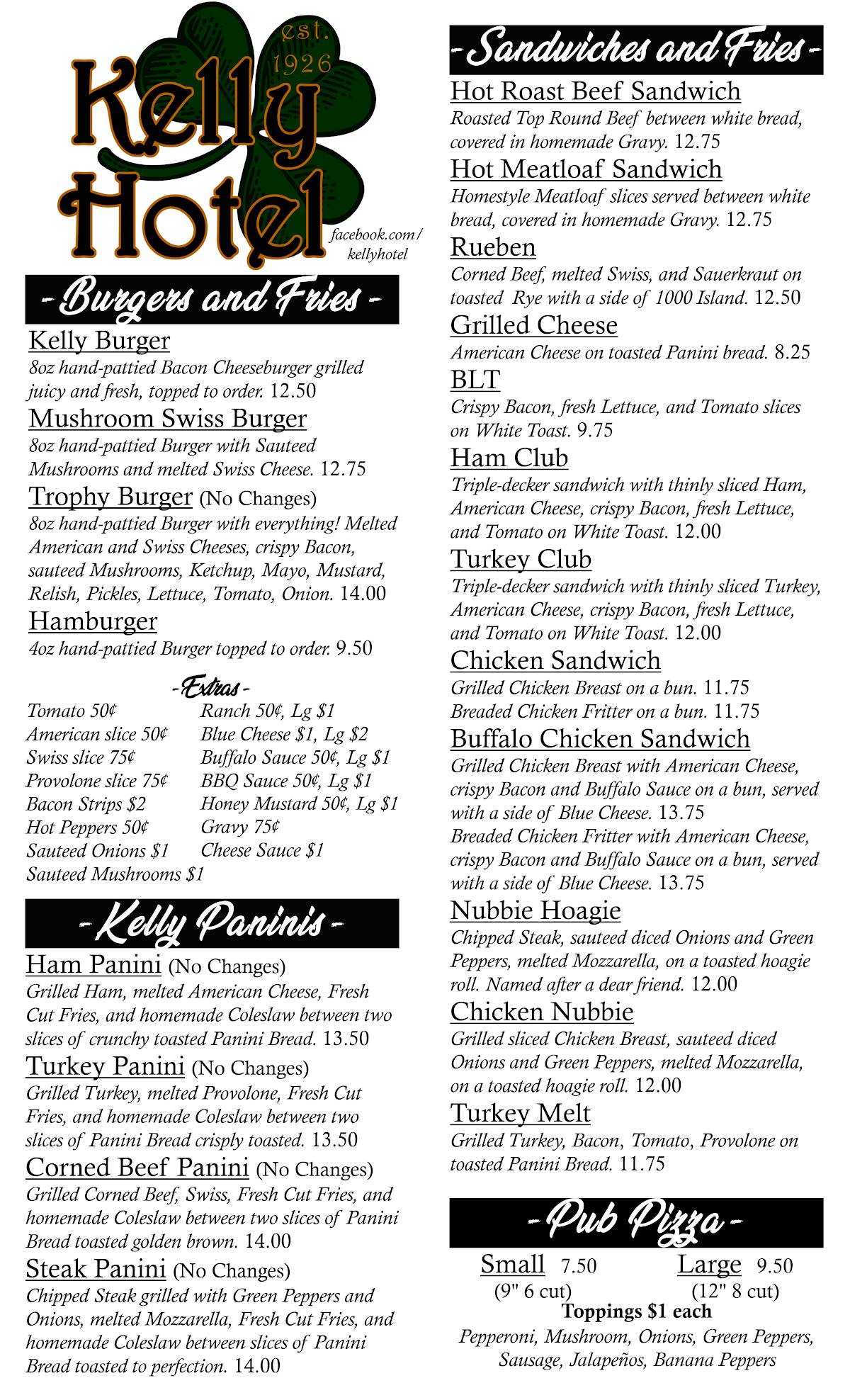 Menu at Kelly Hotel pub & bar, Marienville