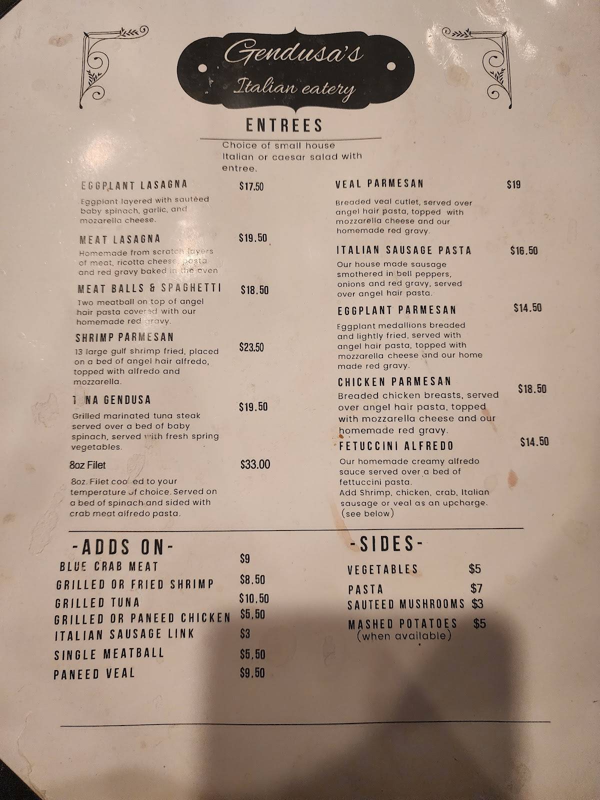 Menu at Gendusa's Italian Eatery pizzeria, Kenner