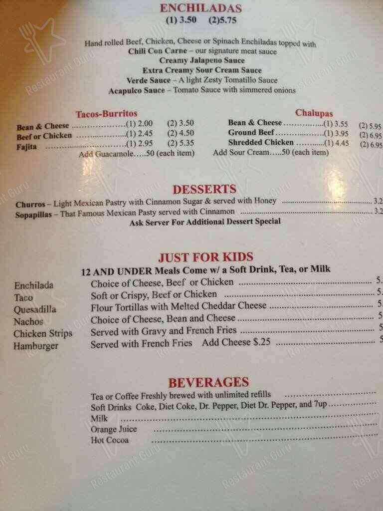 Menu at Acapulco Mexican Restaurant, Kerrville
