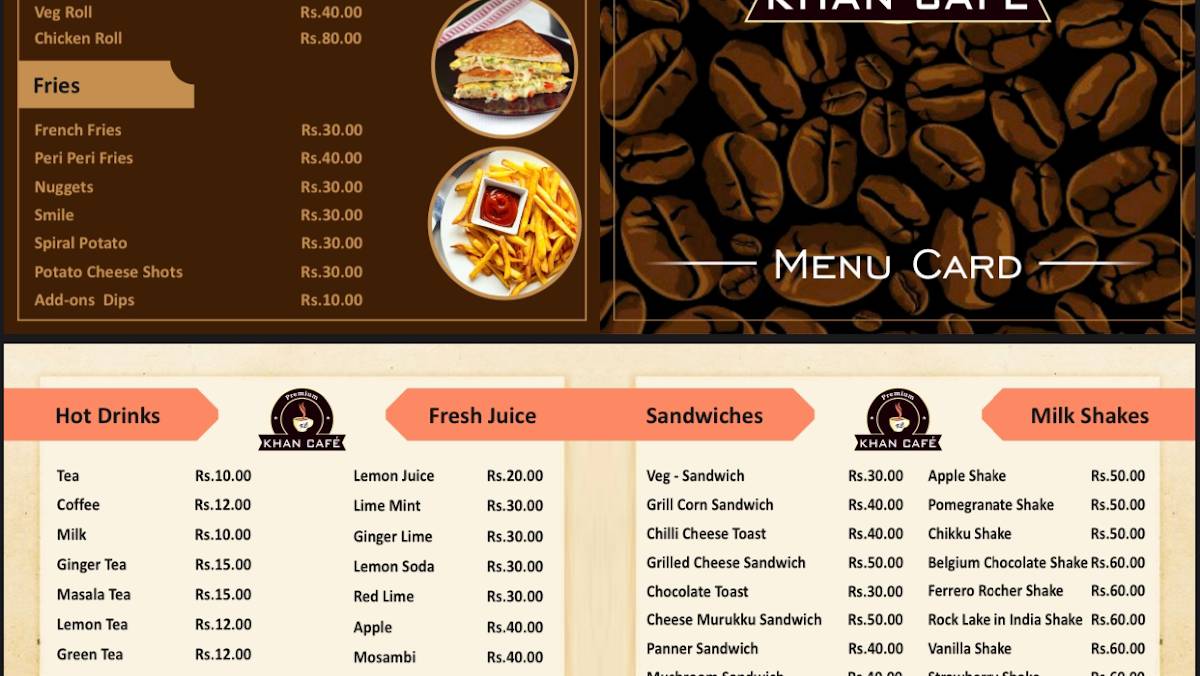 Menu at Khan cafe, Chennai