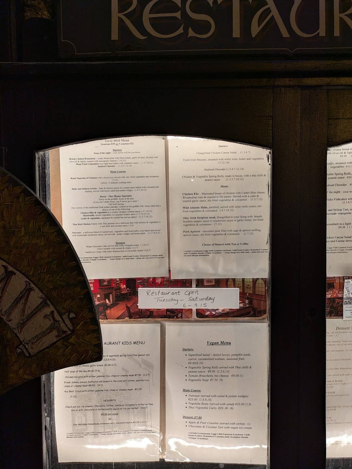 Menu at Bricín Restaurant and Boxty House, Killarney