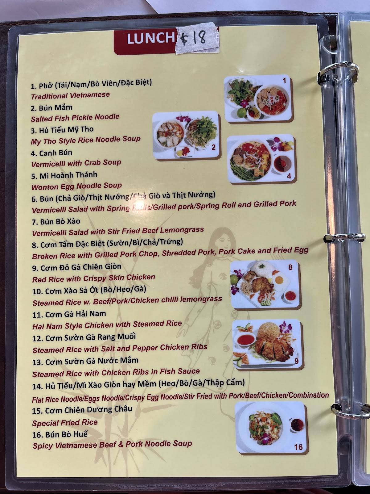 Menu at Kim Huong restaurant, Cairnlea