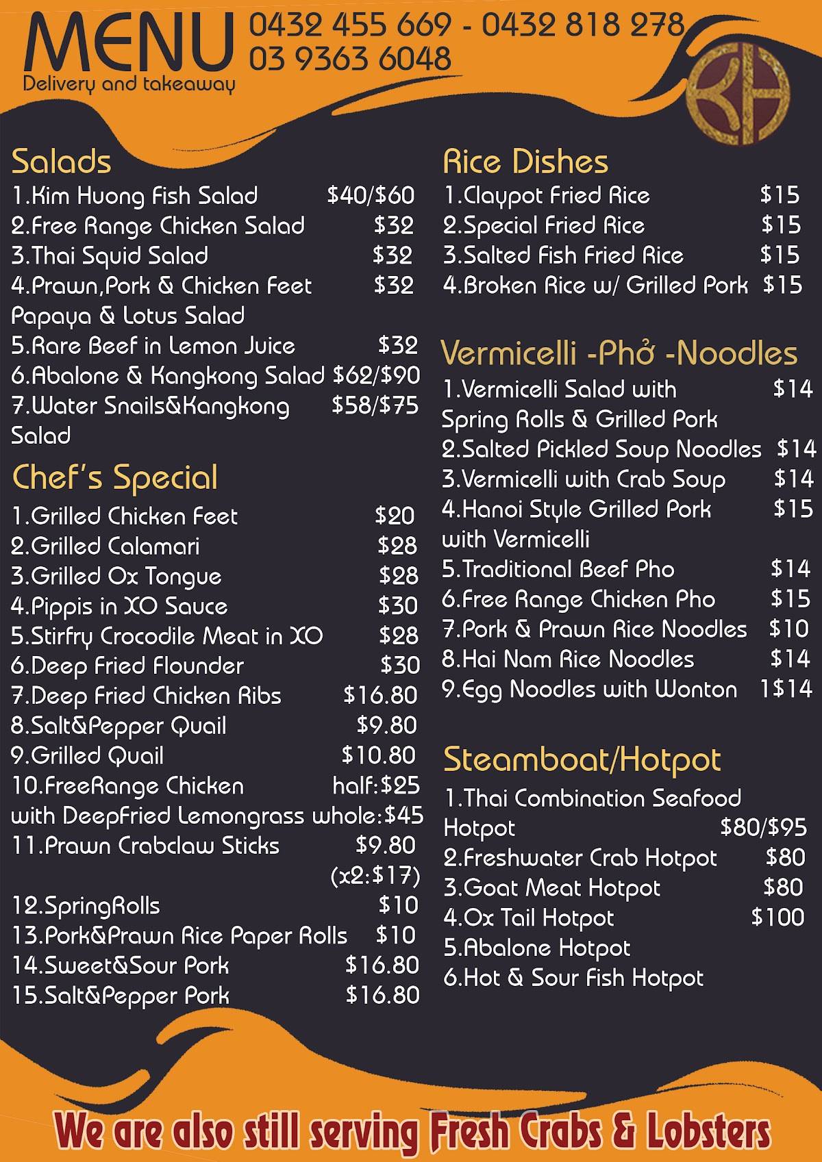 Menu at Kim Huong restaurant, Cairnlea