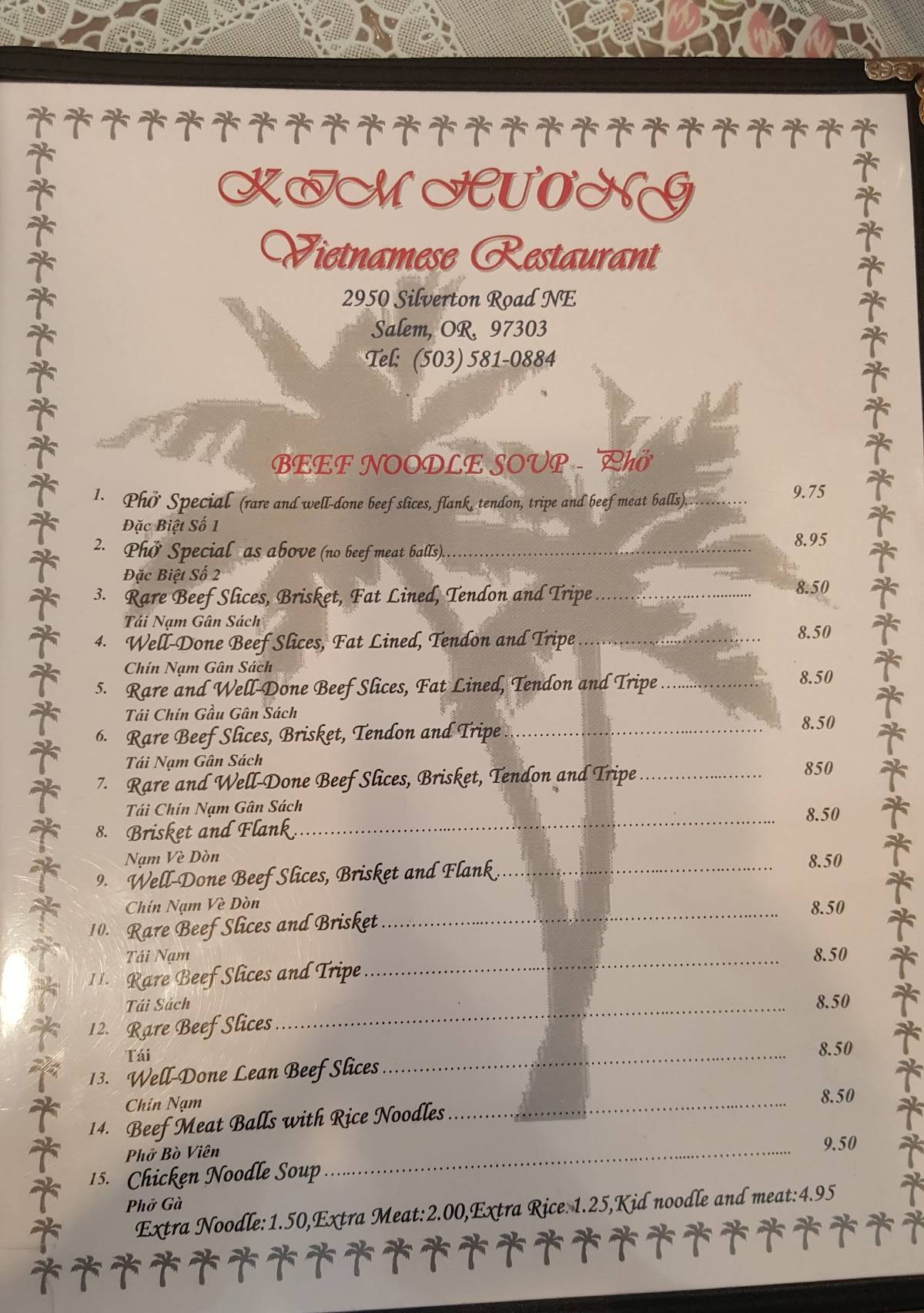 Menu at Kim Huong Vietnamese Restaurant, Salem