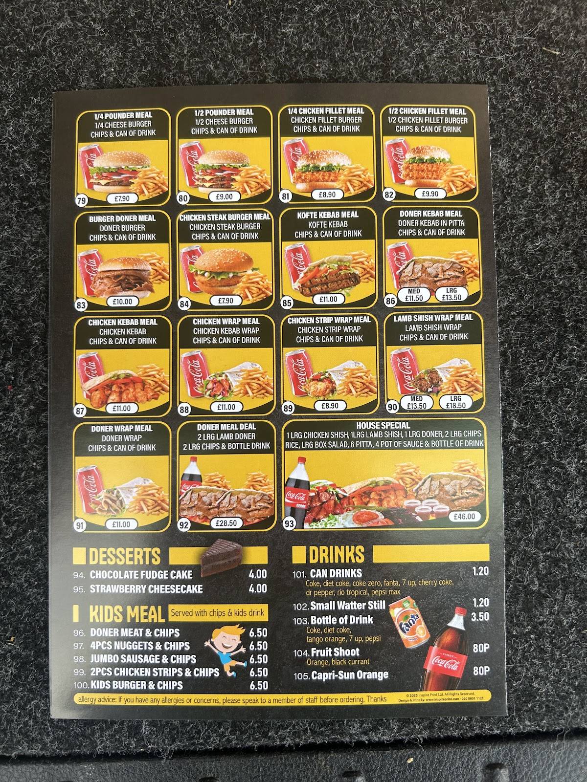 Carta de King Steak & Kebab Bar, Basildon