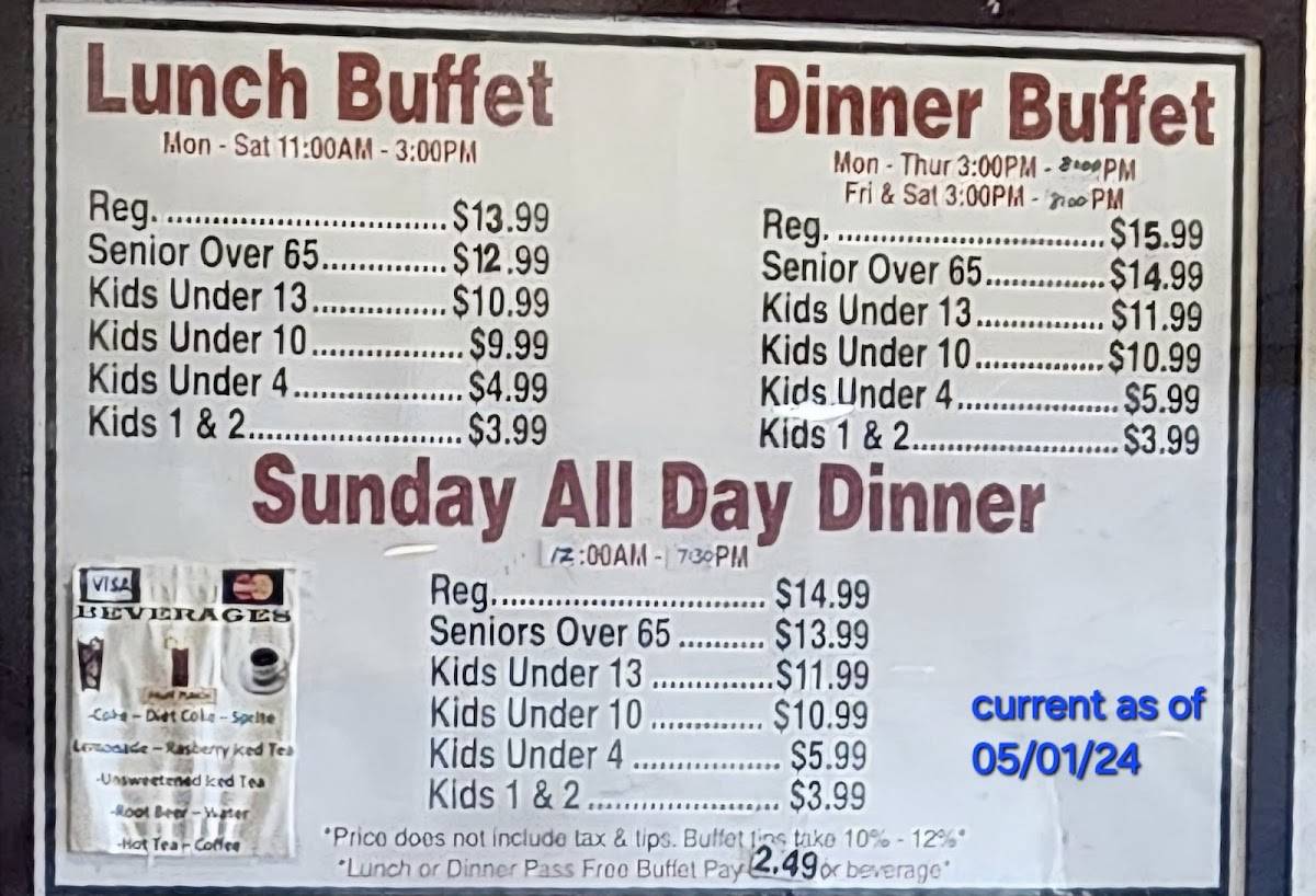 Carta del restaurante Kings Buffet, Rome