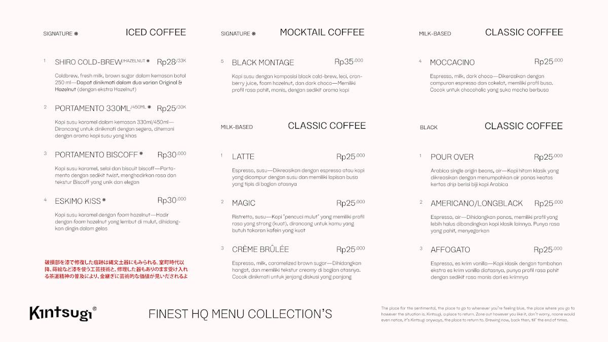 Carta del restaurante Kintsugi Terrace, Bandung