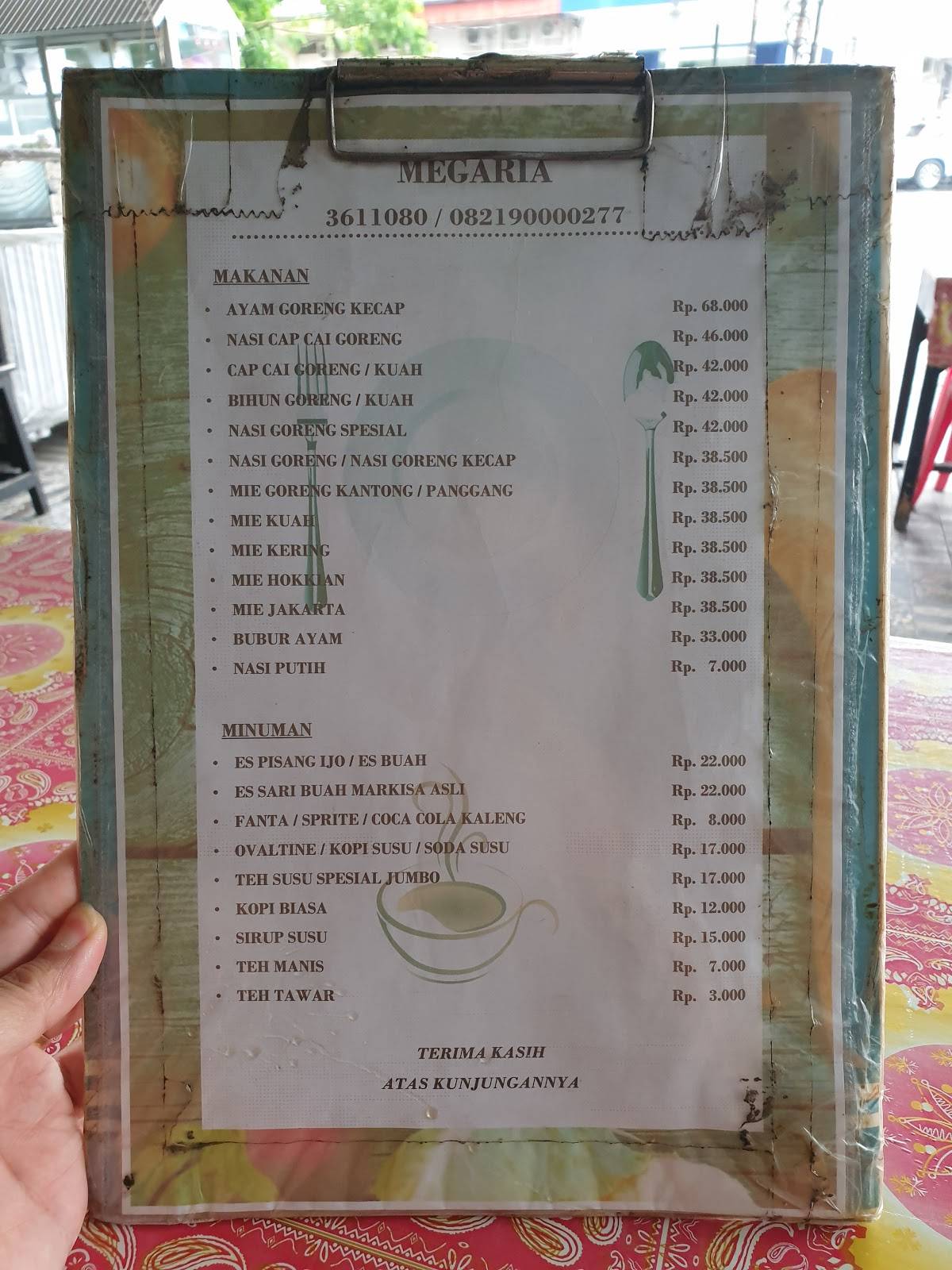 Carta del restaurante Kios Megaria, Macasar