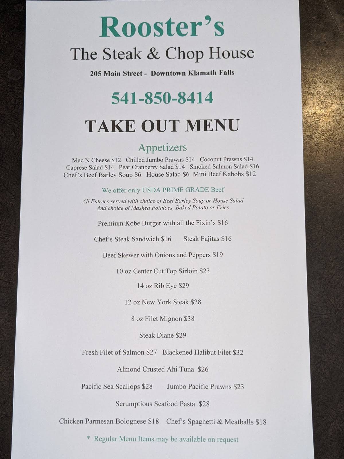 Menu at Roosters Steak & Chop House steakhouse, Klamath Falls