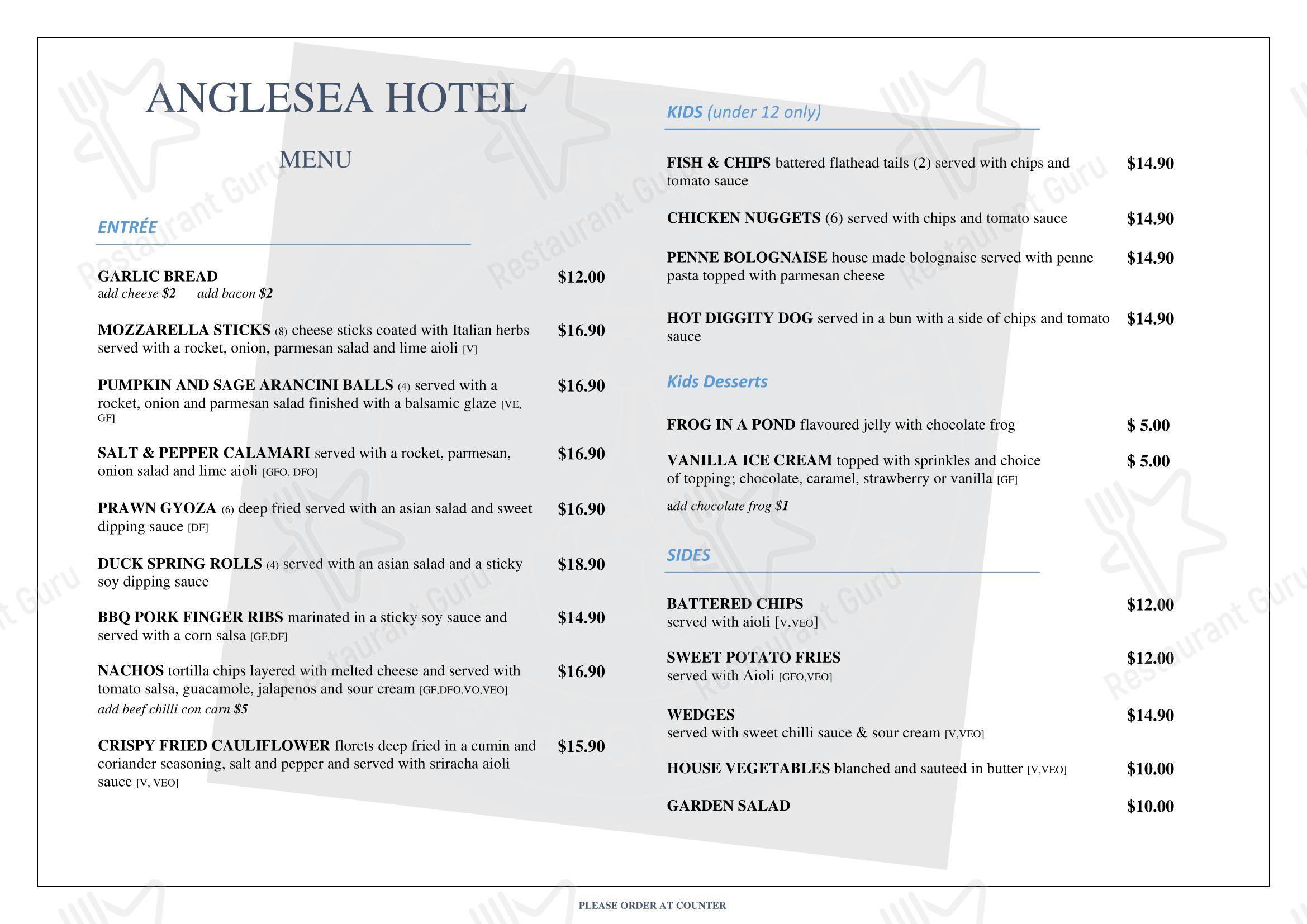 Menu at Klein's Anglesea Hotel restaurant, Anglesea