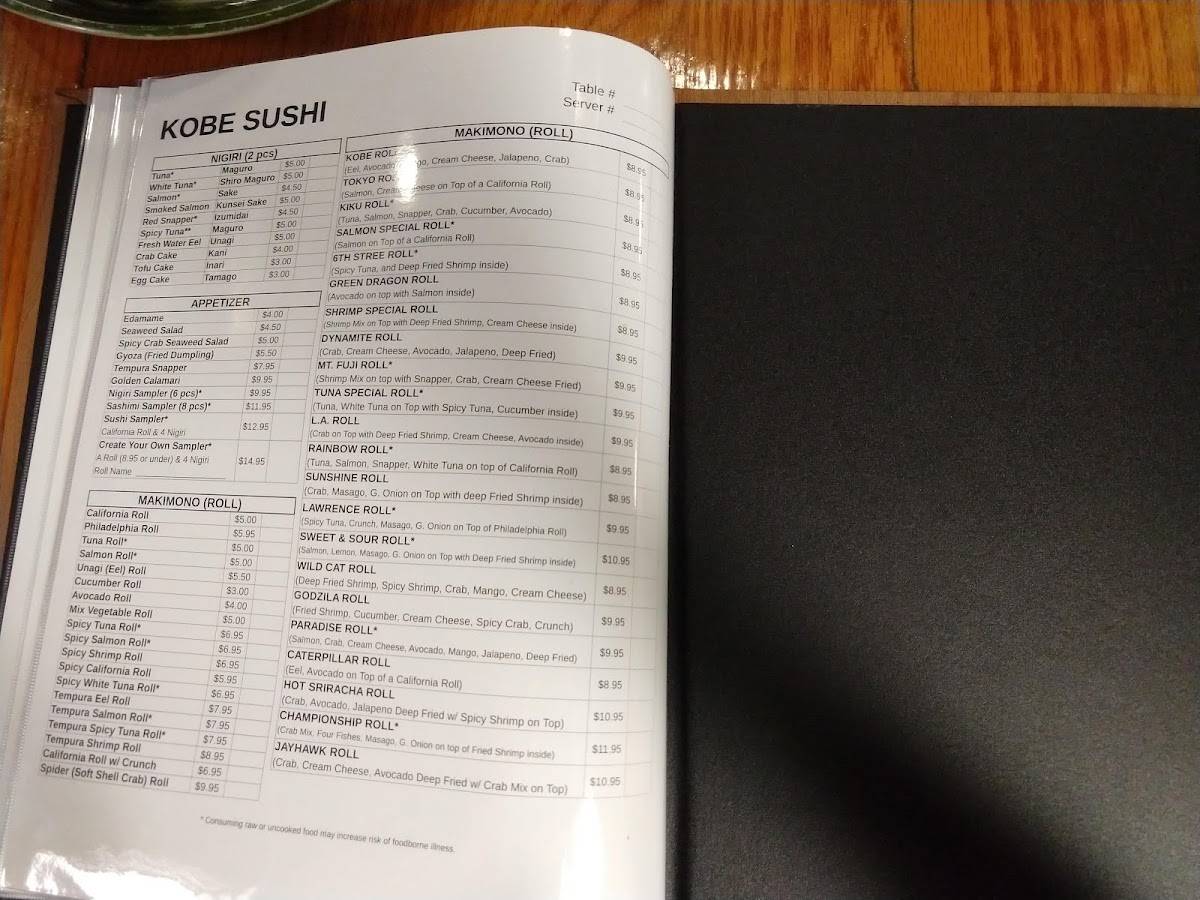 Menu at Kobe Japanese Steakhouse, Lawrence