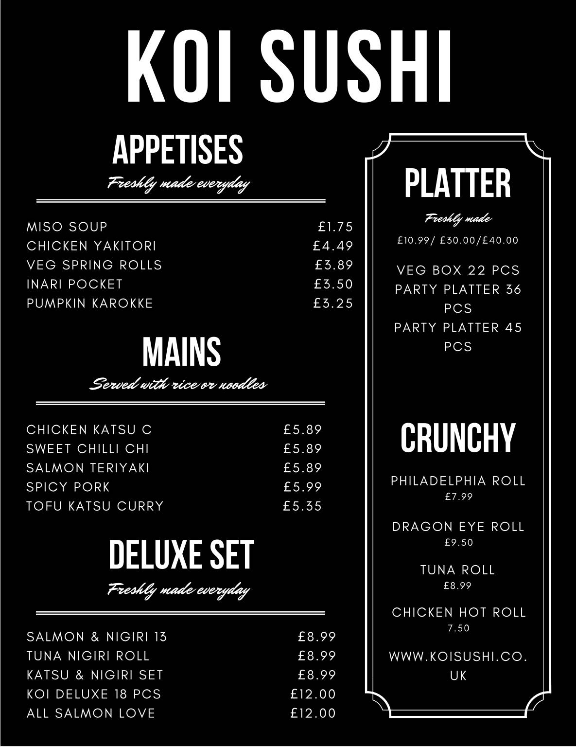 Menu at Koi Sushi restaurant, Camberley