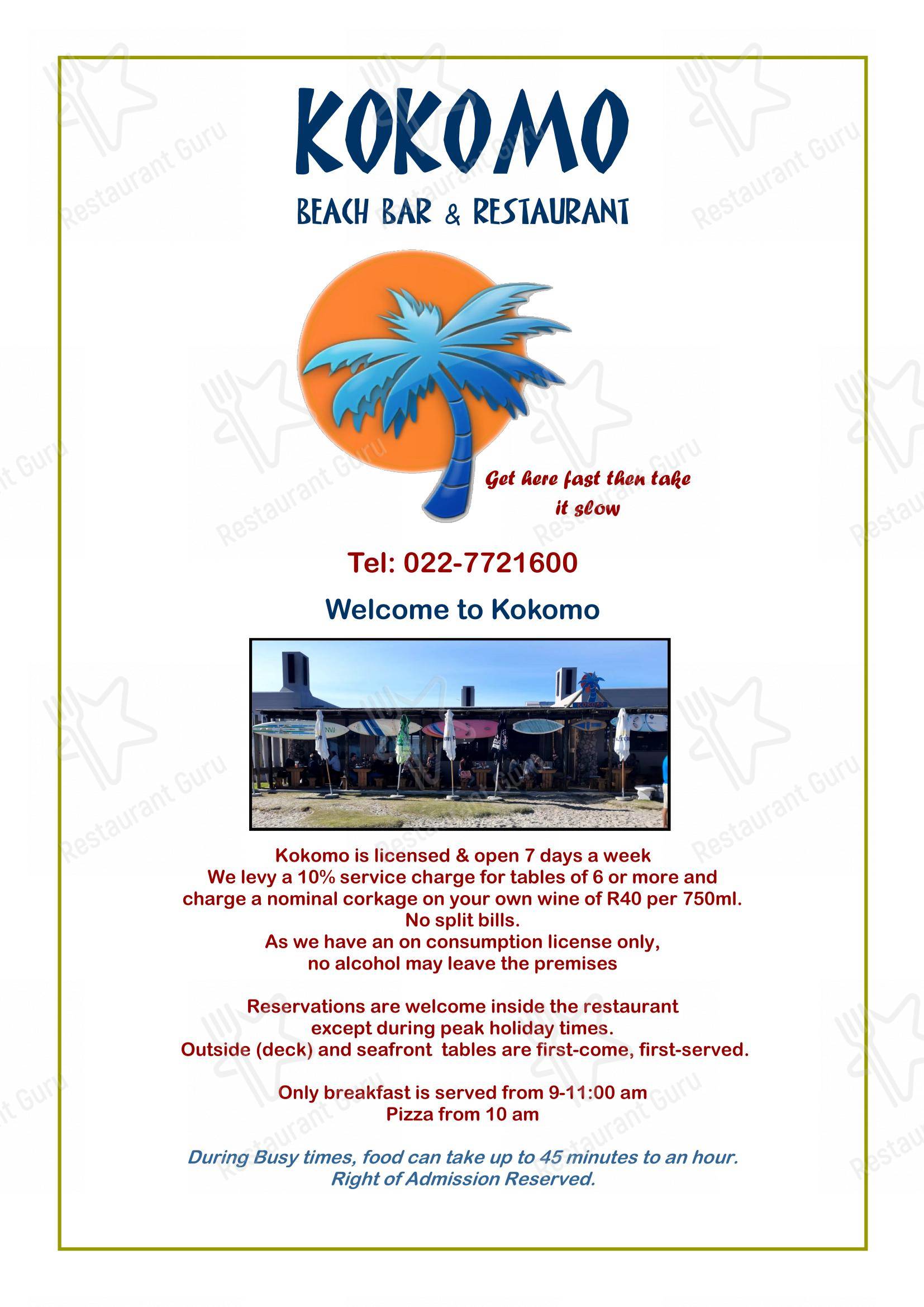 Menu at Kokomo Beach Bar & Restaurant, Langebaan