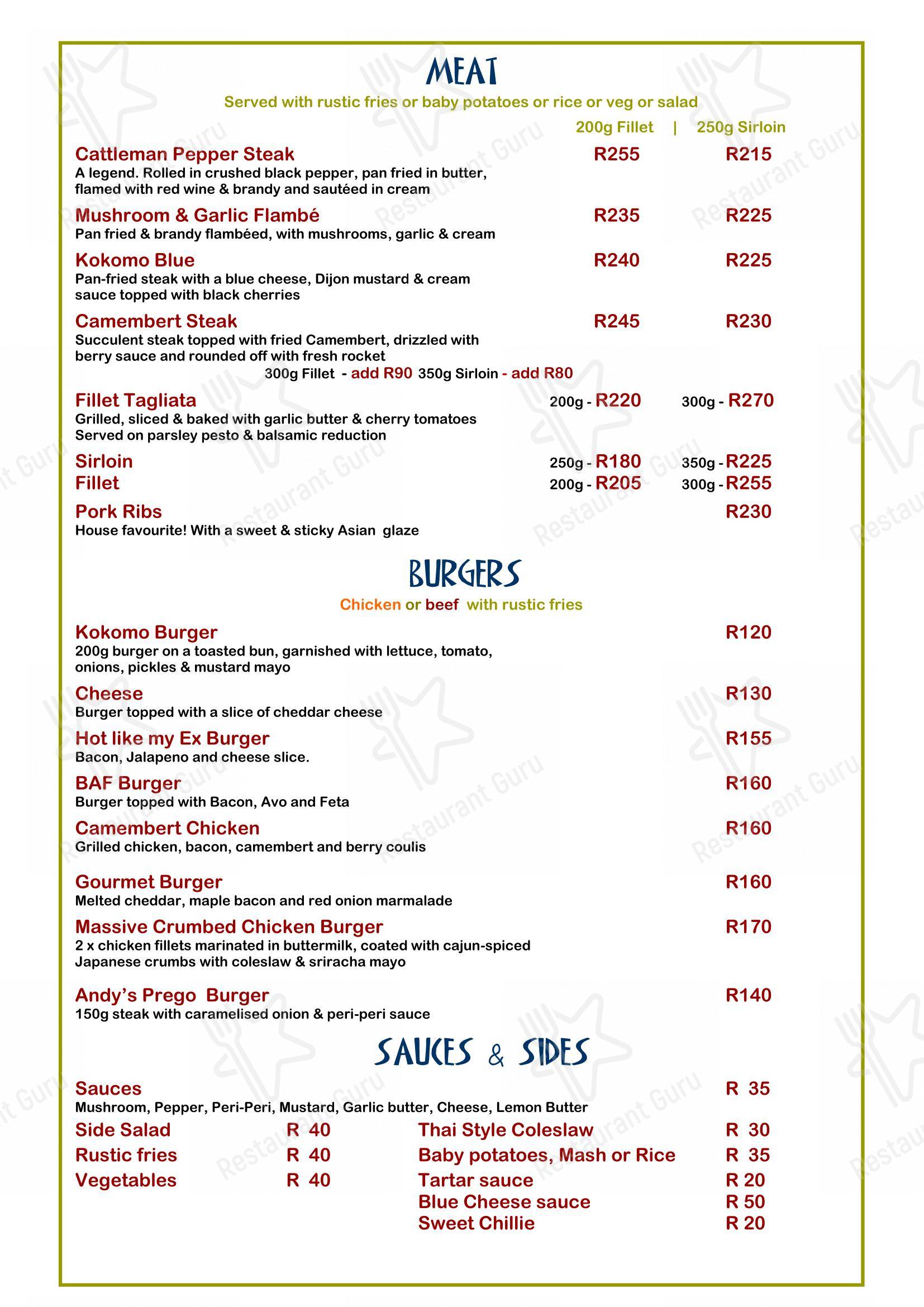 Menu at Kokomo Beach Bar & Restaurant, Langebaan