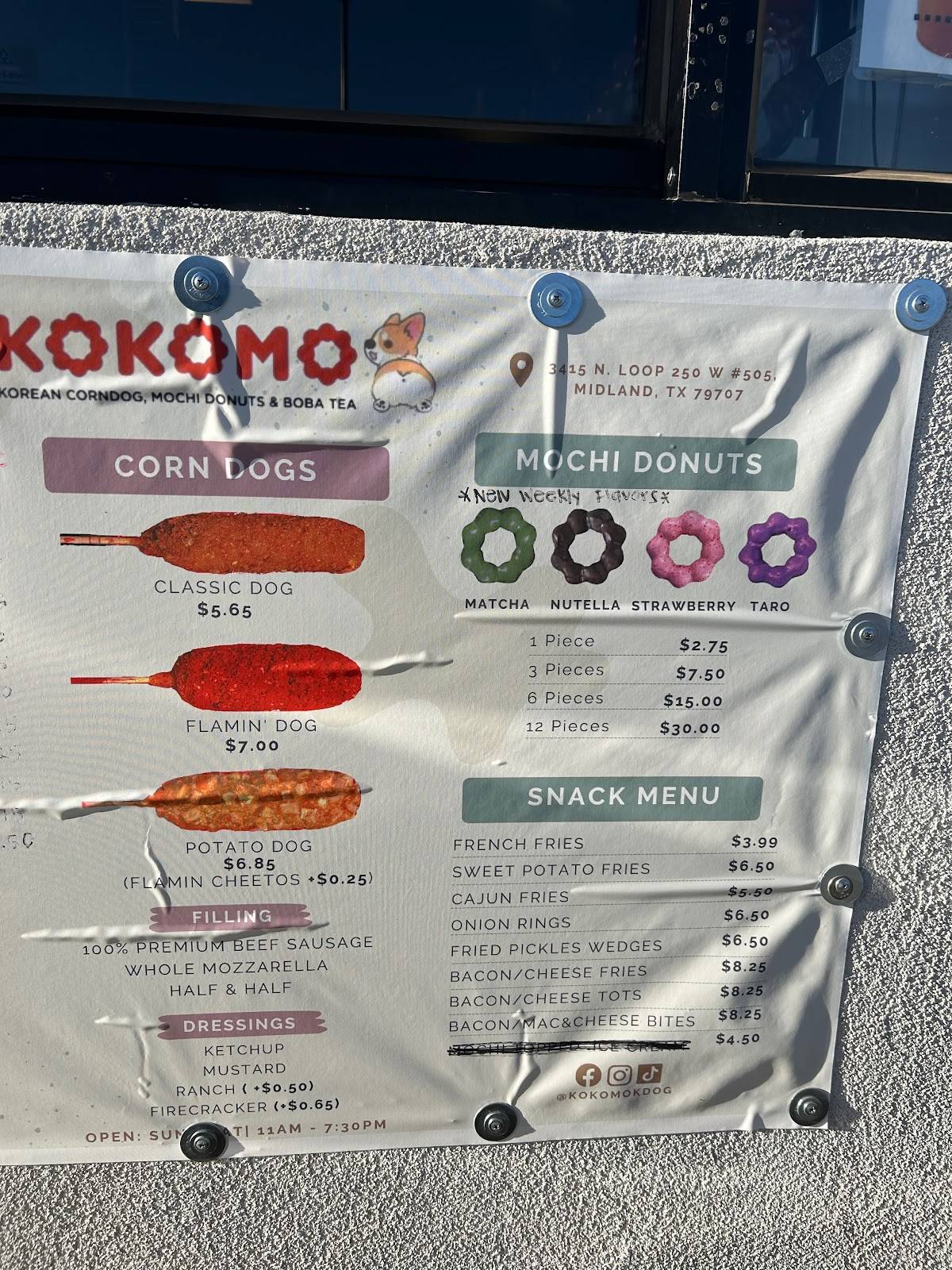 Menu at Kokomo Korean Corn Dog, Mochi Donuts & Boba Tea restaurant, Midland