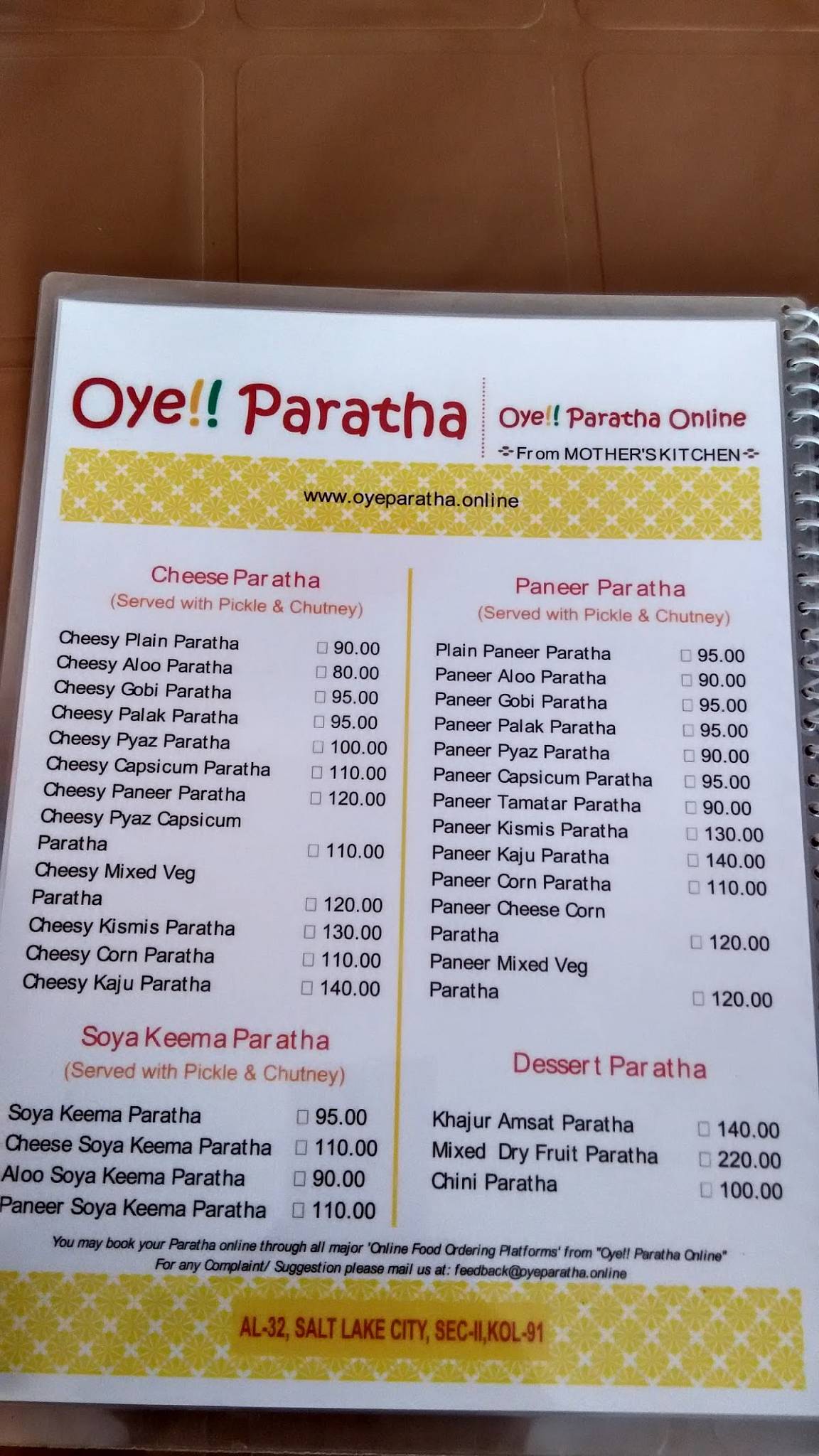 Menu at Oye!! Paratha, Kolkata, AL 32