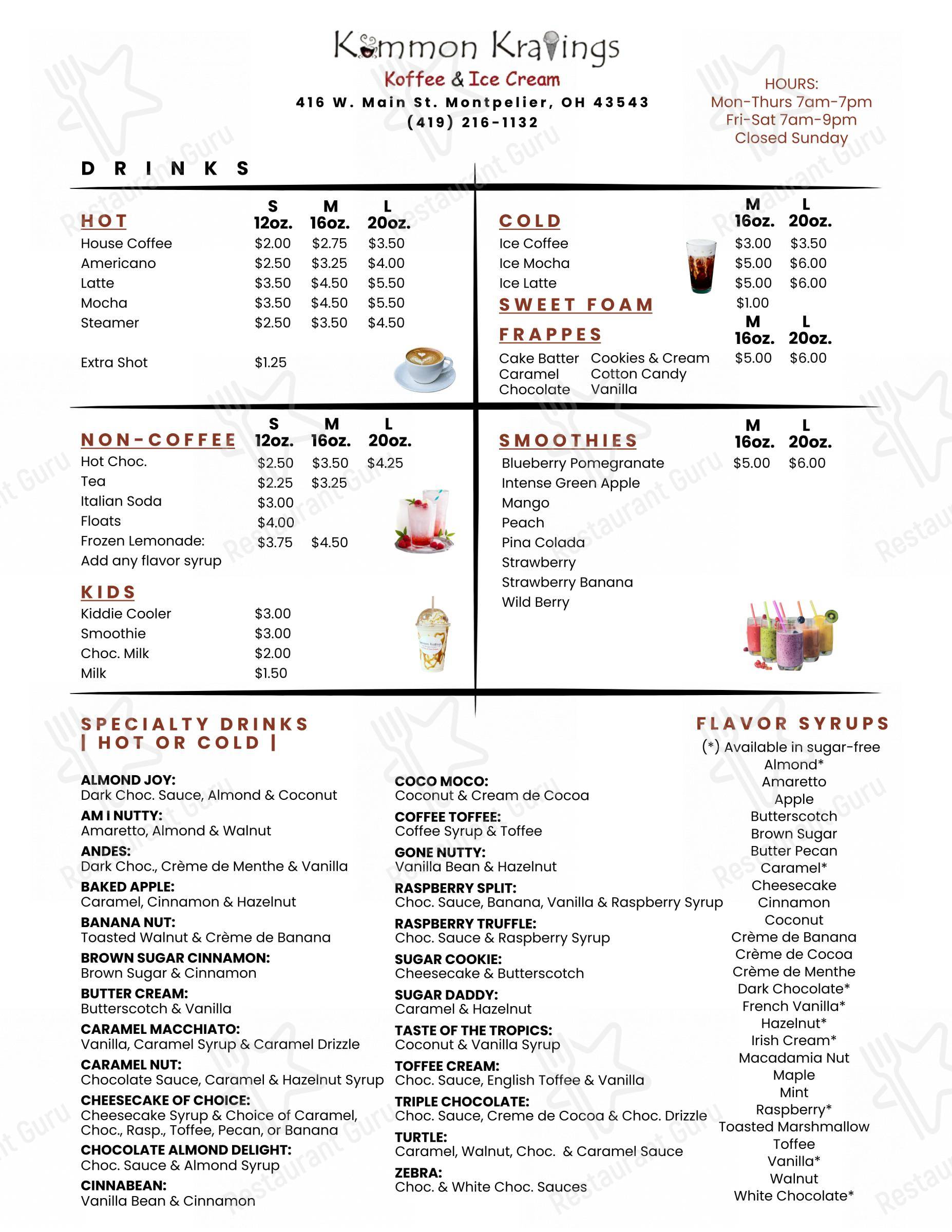 Menu at Kommon Kravings, Montpelier