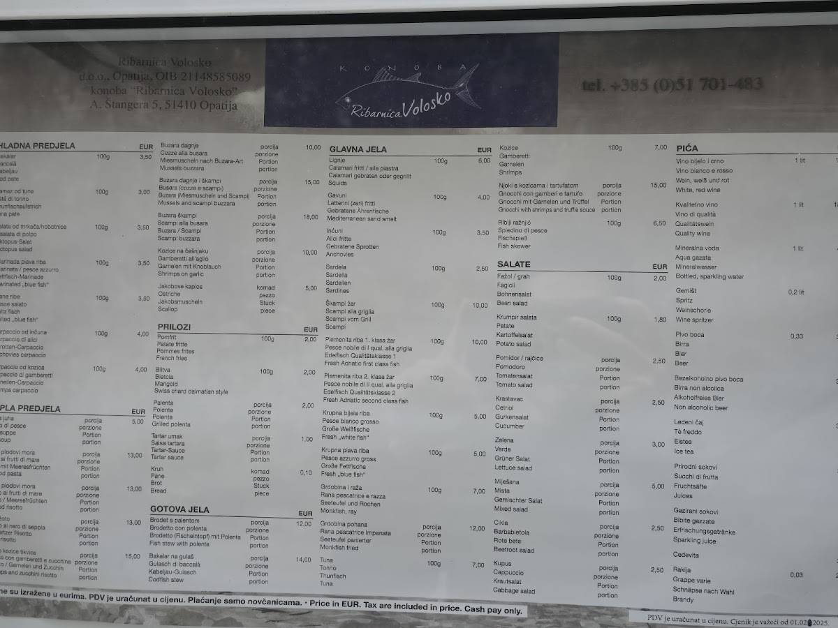Menu at Konoba "Ribarnica" Volosko, Opatija, Andrije Shtangera 5/51410