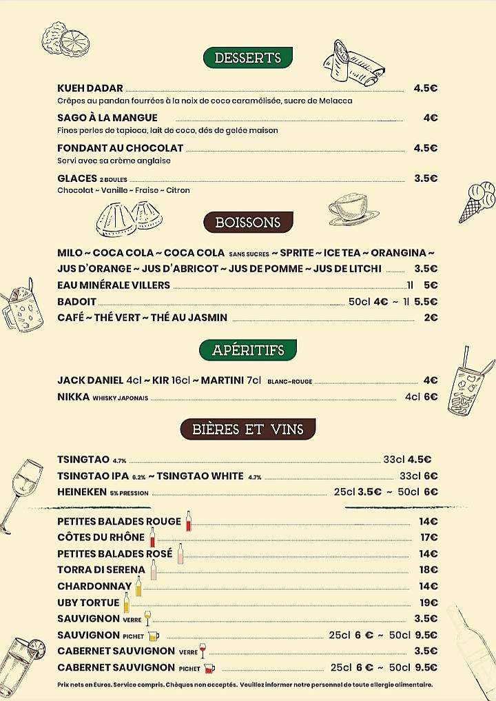 Menu au Kopitiam restaurant, Rouen