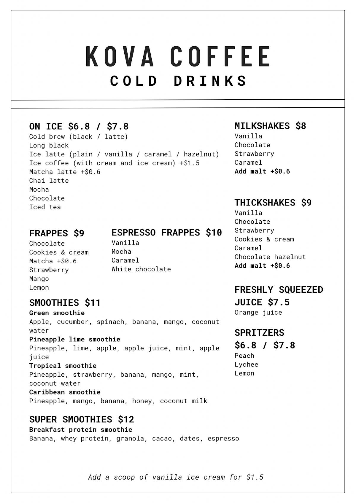 Menu at Kova Coffee Brisbane restaurant, Stafford Heights