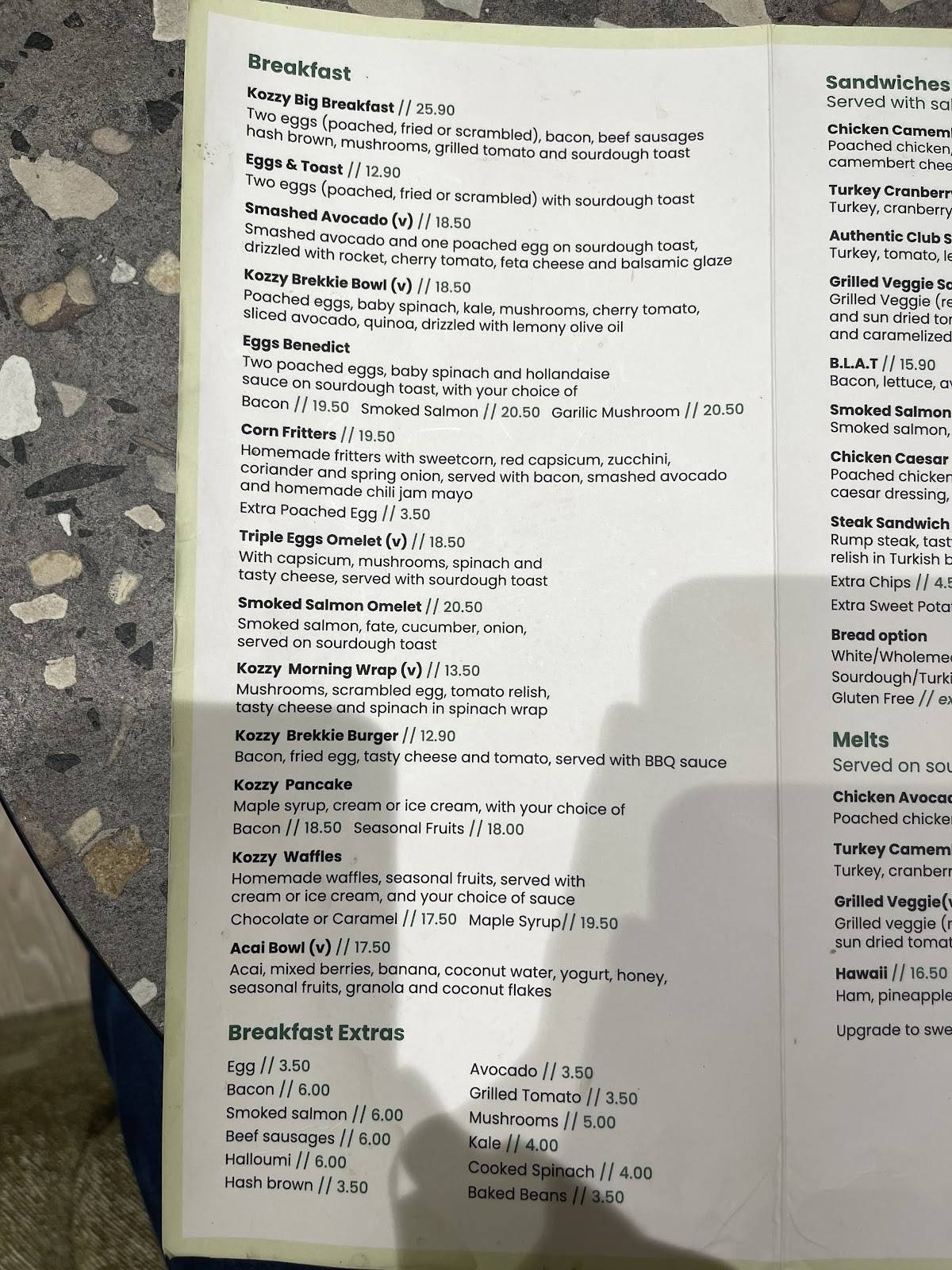 Menu at Kozzy Beans cafe, Eastgardens