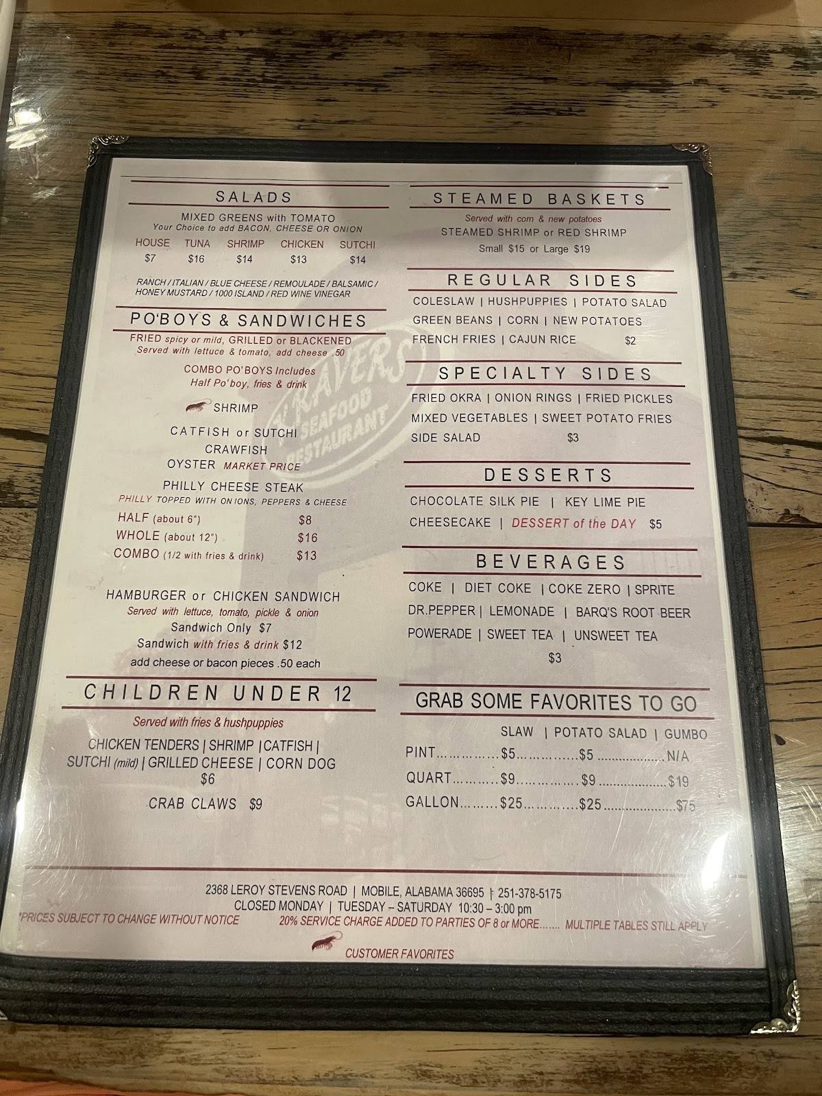 Menu at Kravers Seafood Mobile restaurant, Mobile