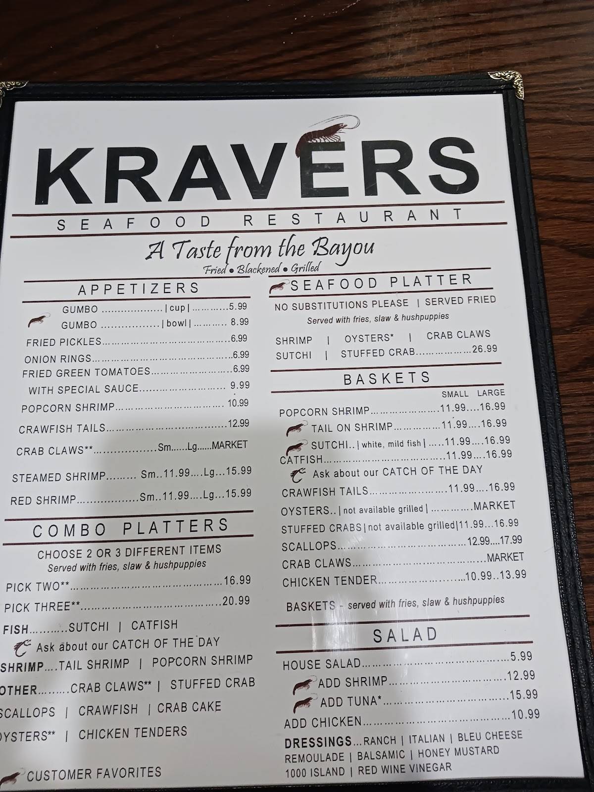 Menu at Kravers Seafood Daphne restaurant, Daphne