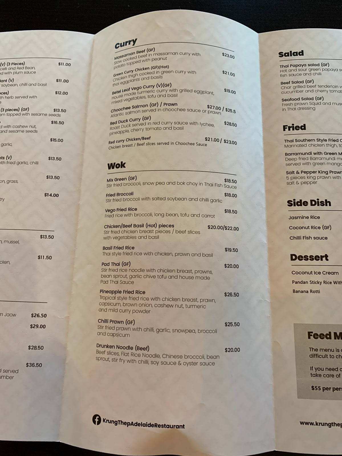 Menu at Krung Thep Thai adelaide restaurant, North Adelaide