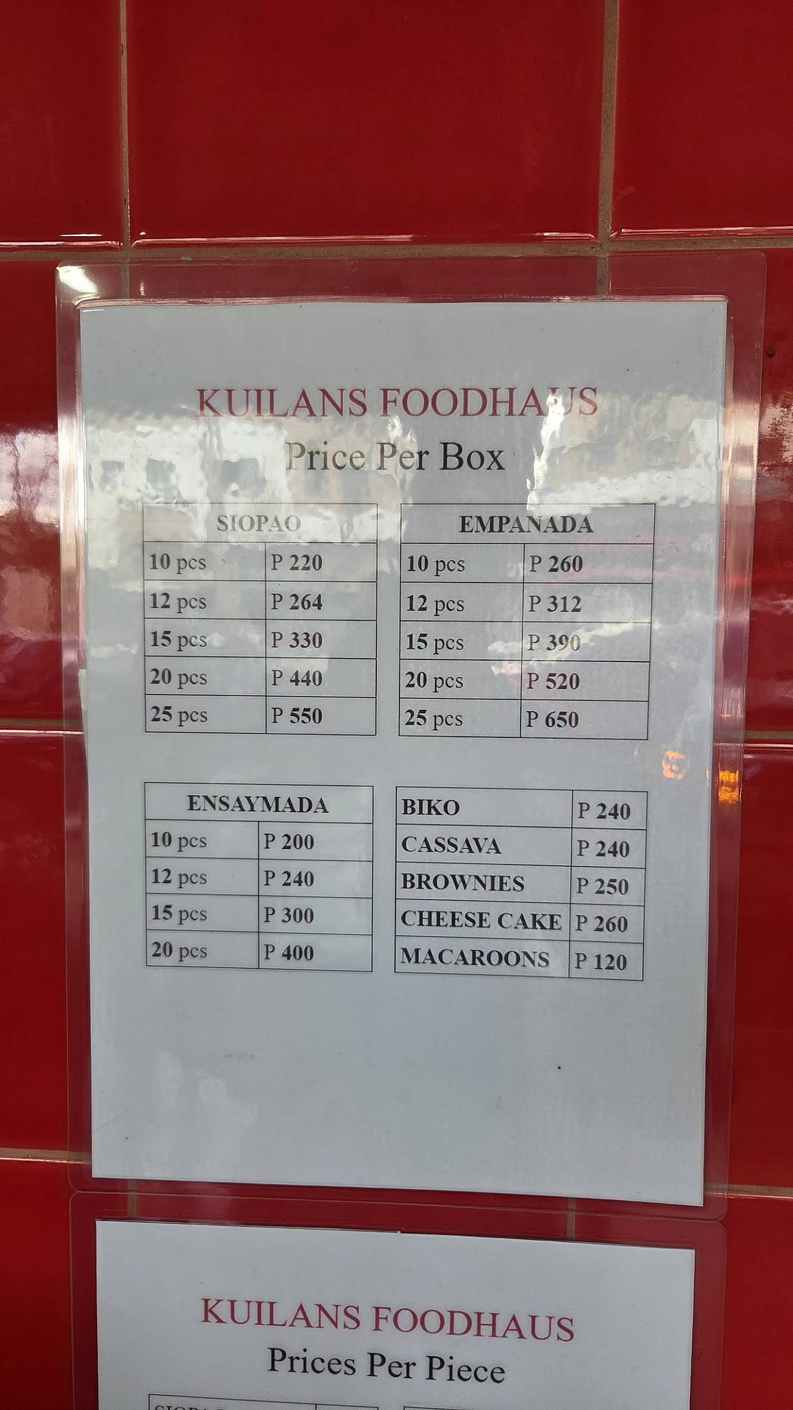 Menu at Kuilan’s Foodhaus restaurant, Davao City, 3JR9+39G