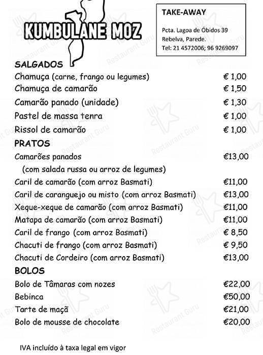 Menu at Kumbulane Moz restaurant, Parede