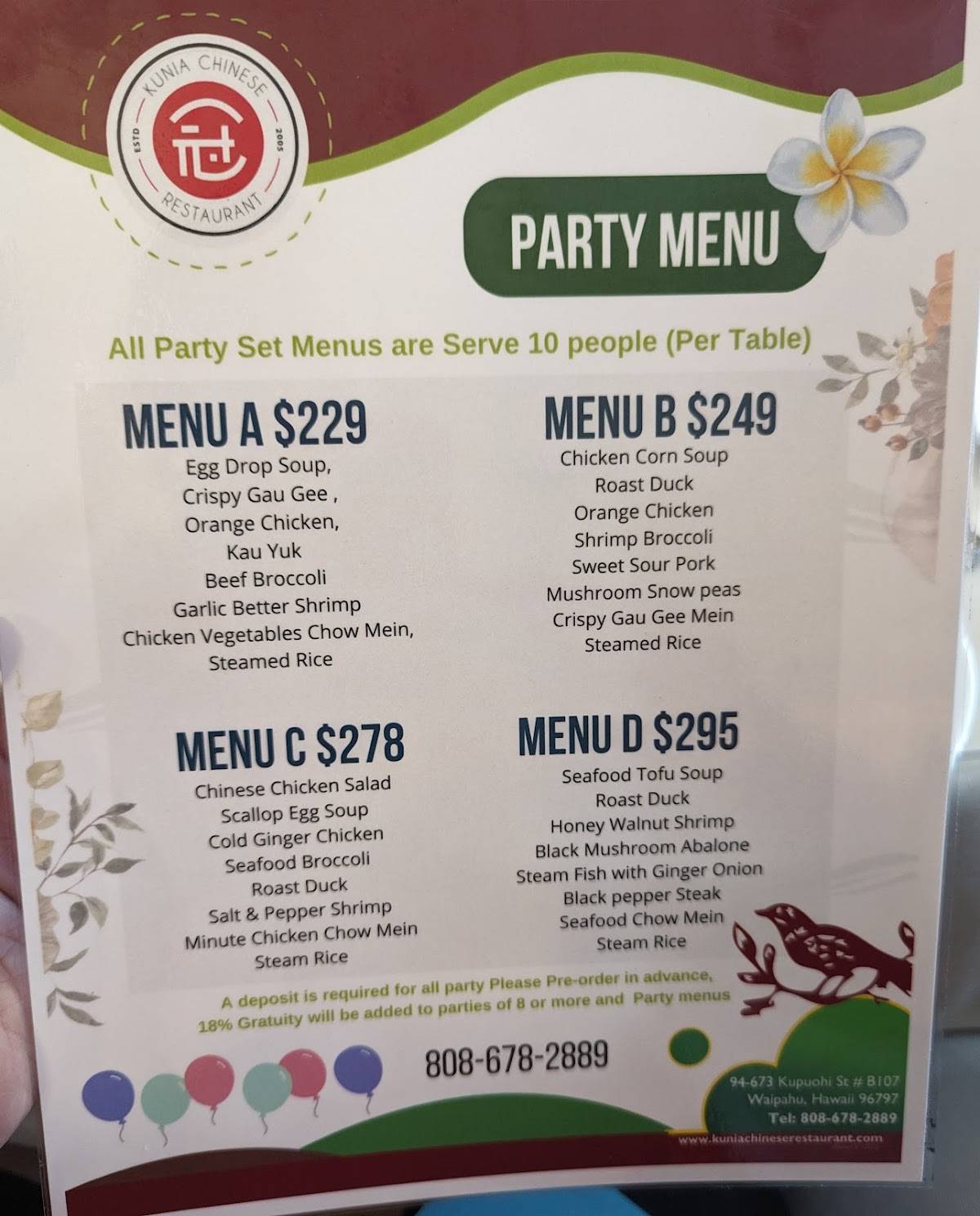 Menu at Kunia Chinese Restaurant, Waipahu