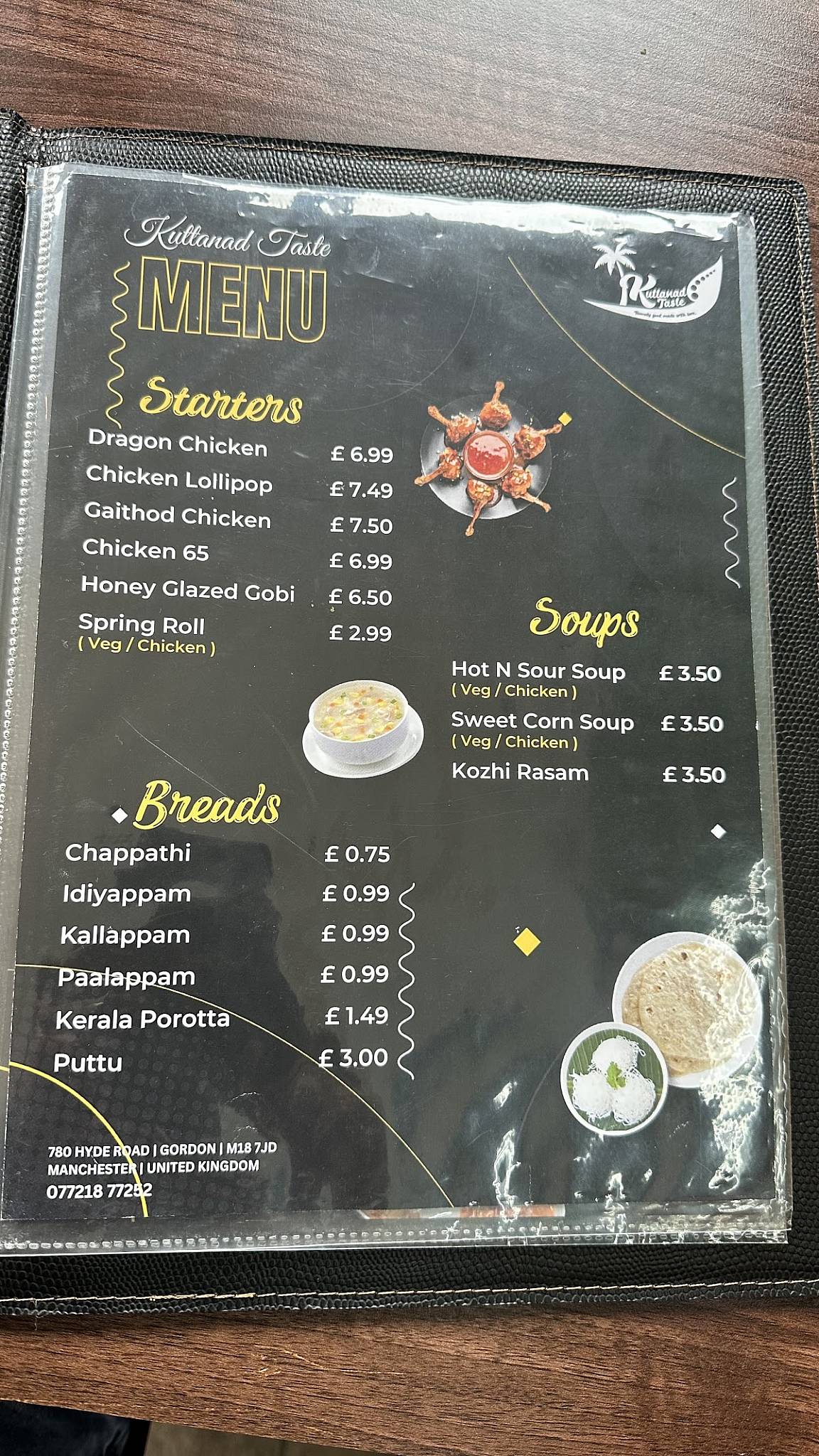 Menu at Kuttanad Taste, a Kerala restaurant, Manchester