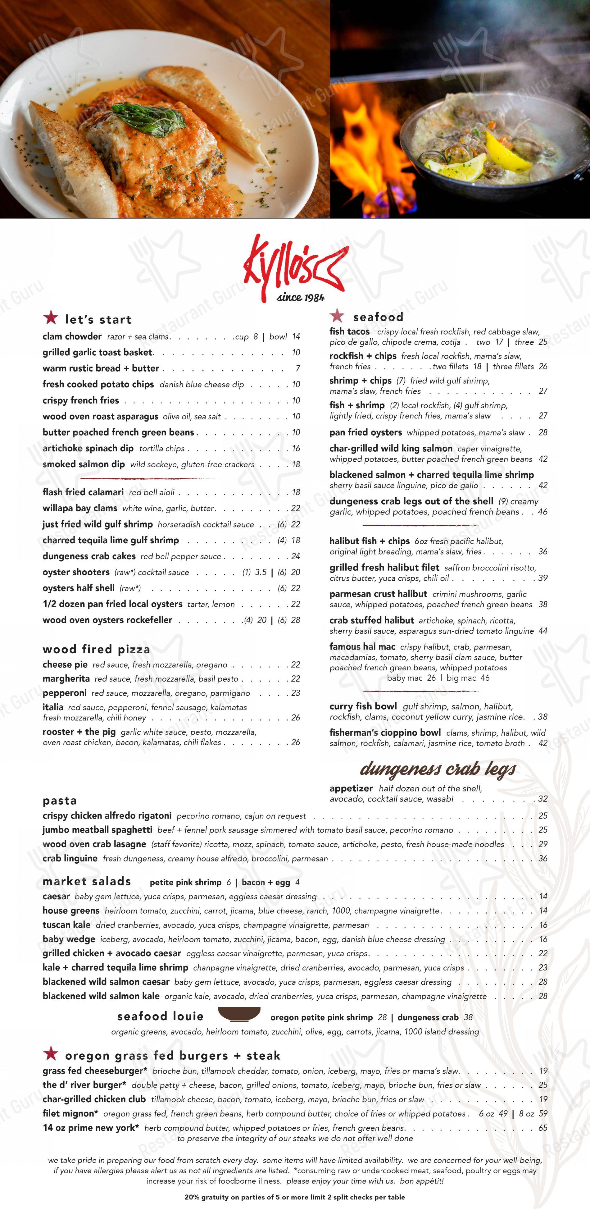Menu at Kyllo’s Seafood & Grill restaurant, Lincoln City